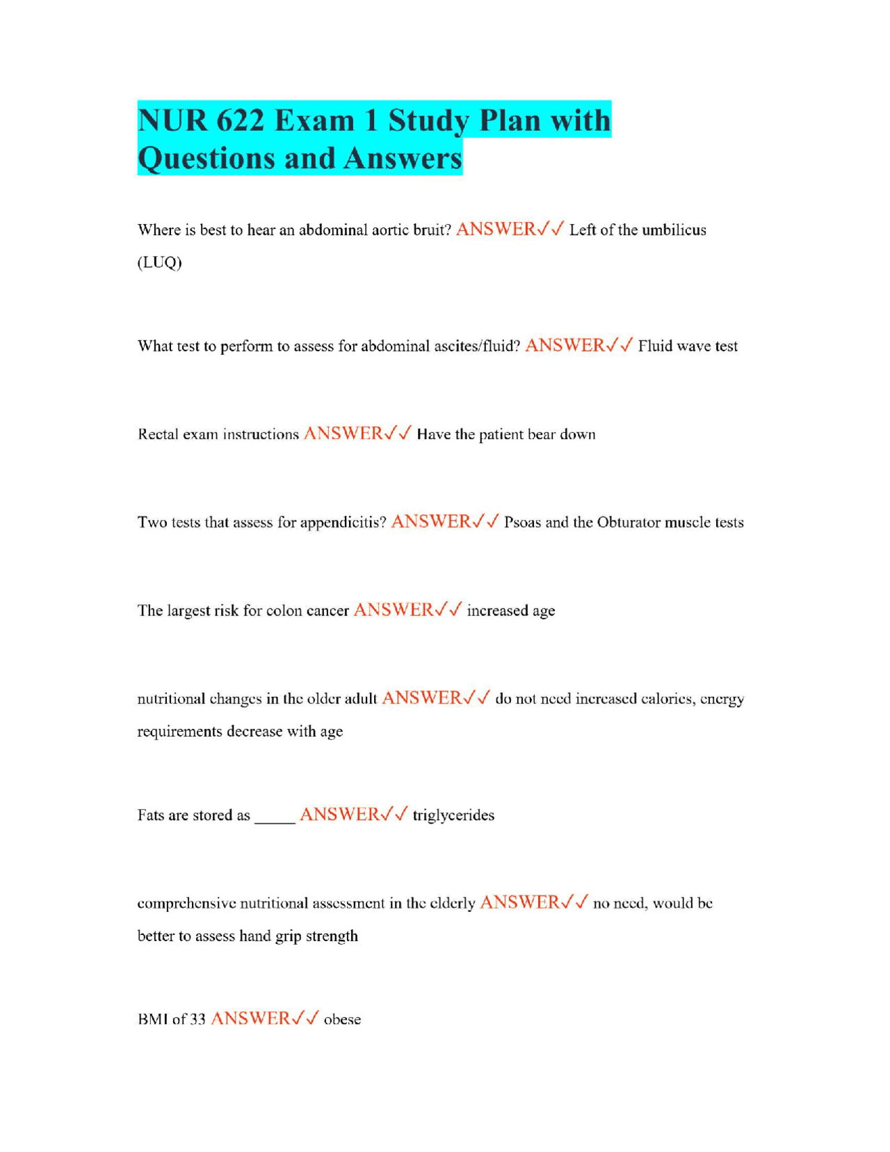 NUR 622 Exam 1 Study Plan with Questions and Answers | Exams Nursing ...
