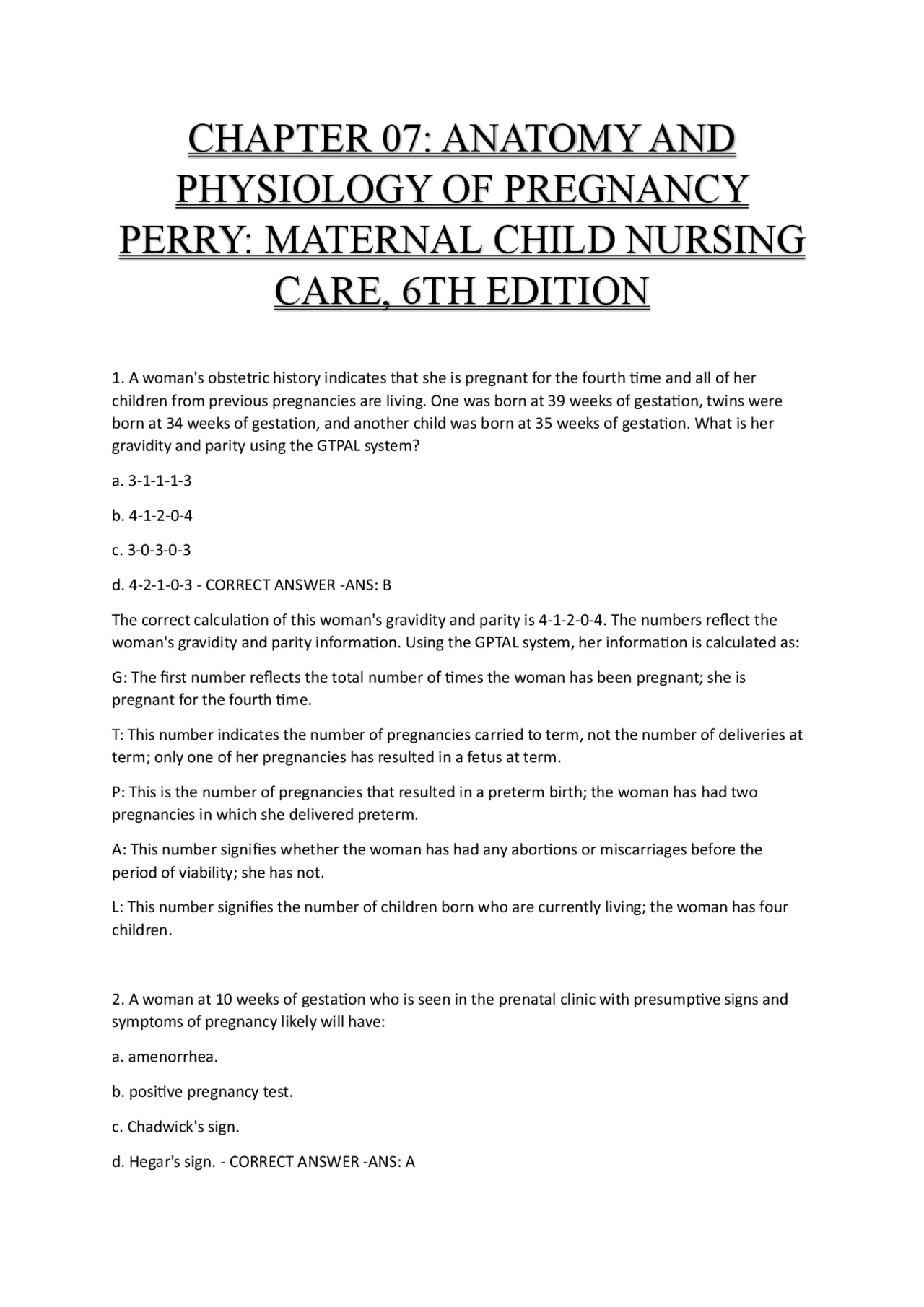 CHAPTER 07: ANATOMY AND PHYSIOLOGY OF PREGNANCY PERRY: MATERNAL CHILD ...