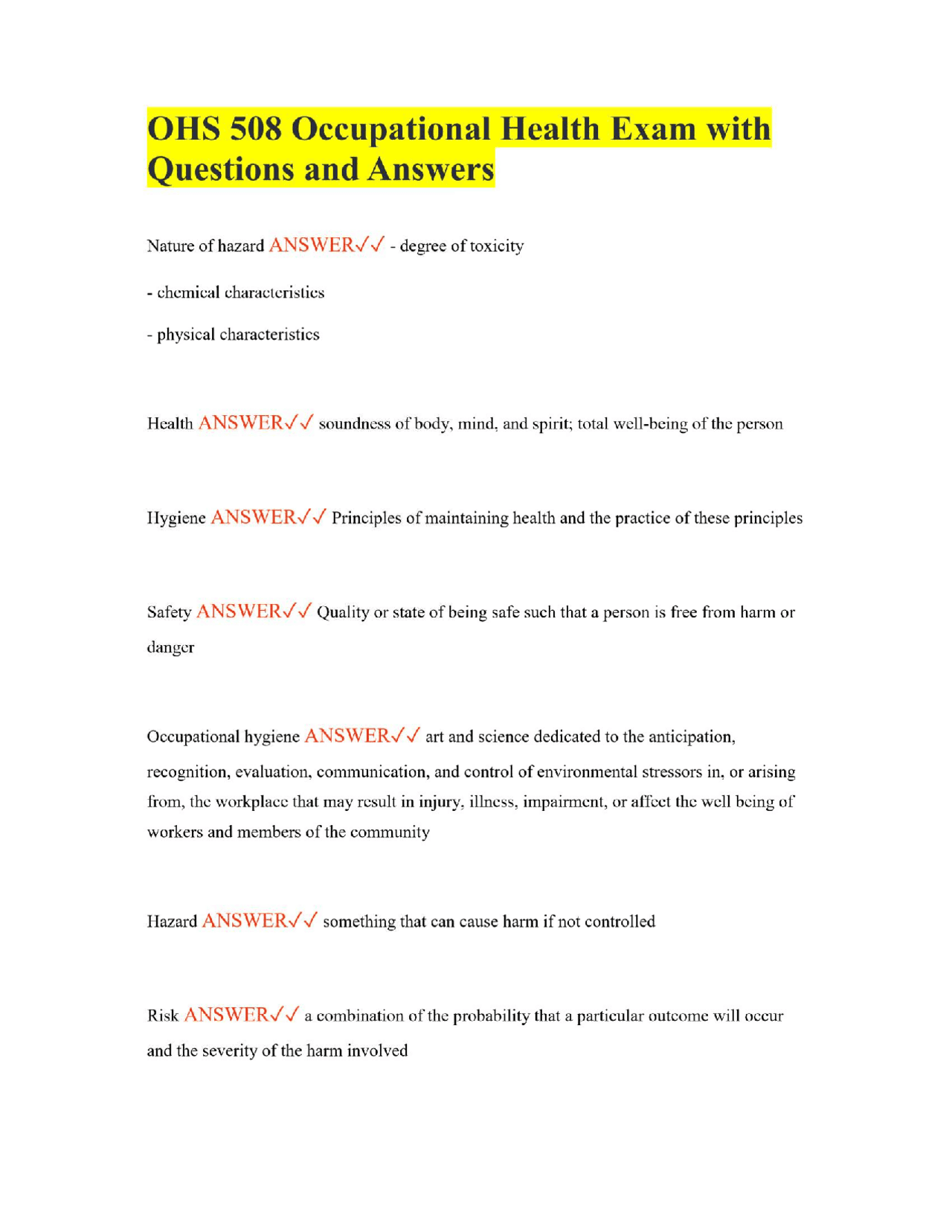 OHS 508 Occupational Health Exam with Questions and Answers | Exams ...