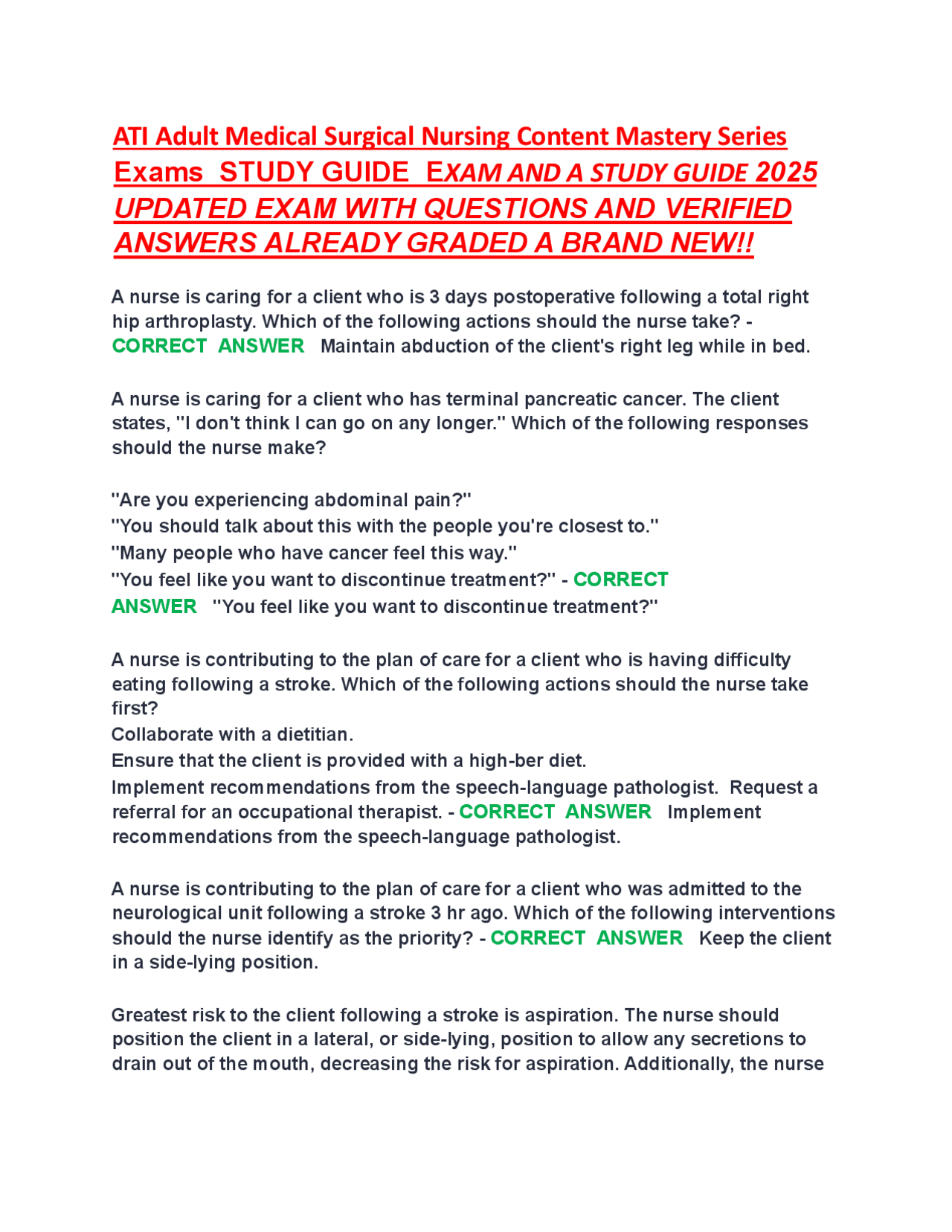 ATI Adult Medical Surgical Nursing Content Mastery Series Exams STUDY ...