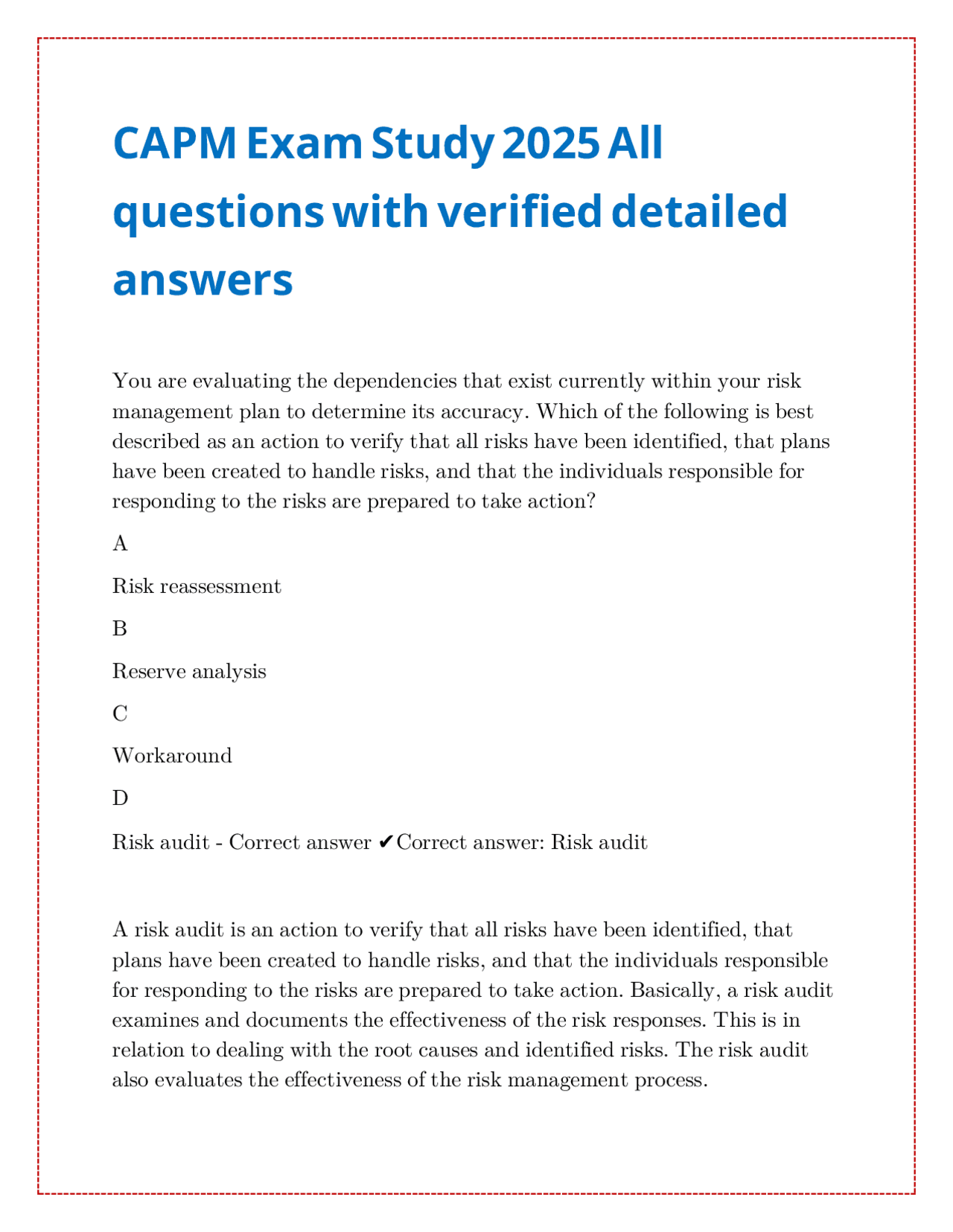 CAPM Exam Questions and Answers: Project Management Study Guide | Exams Project Management | Docsity