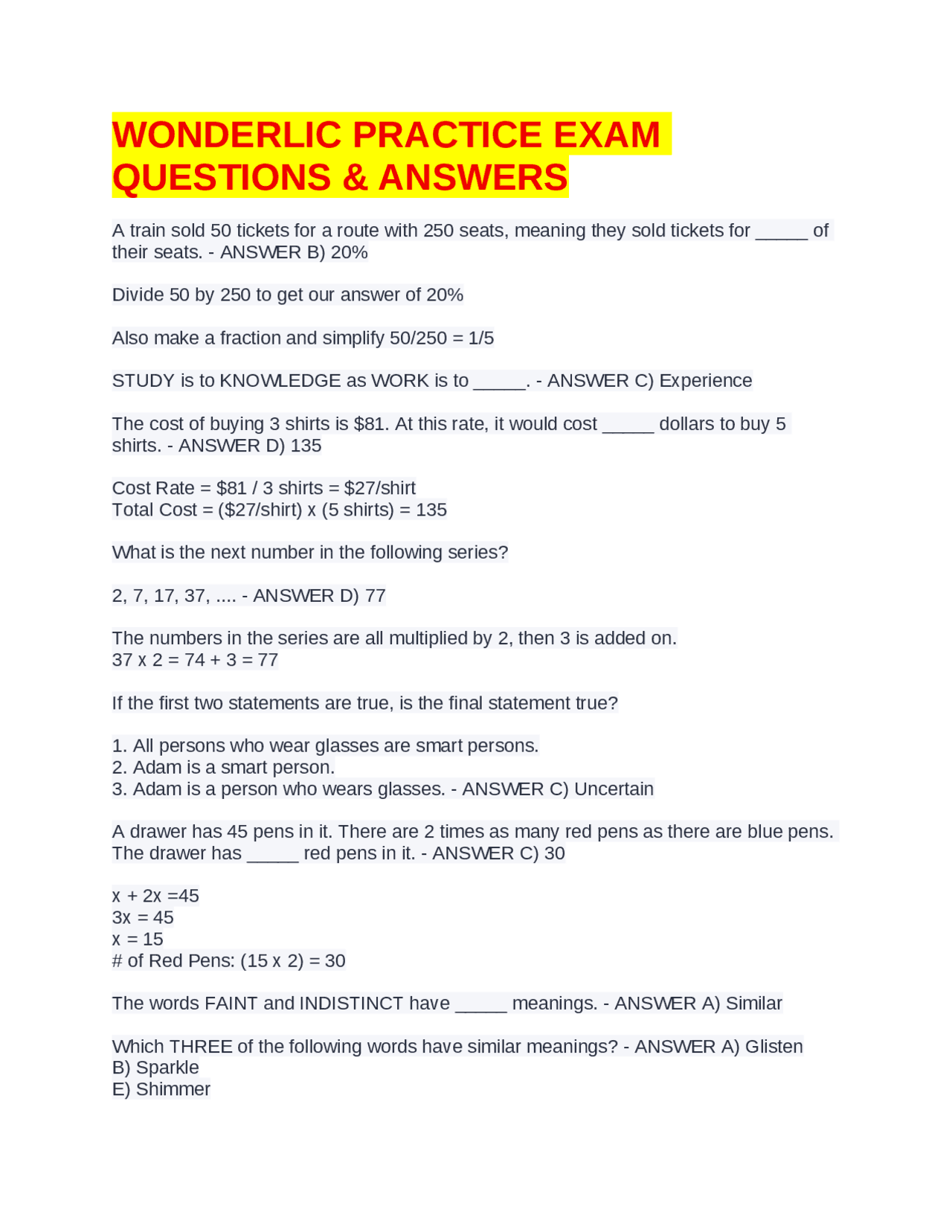 WONDERLIC PRACTICE EXAM QUESTIONS & ANSWERS | Exams Accounting | Docsity