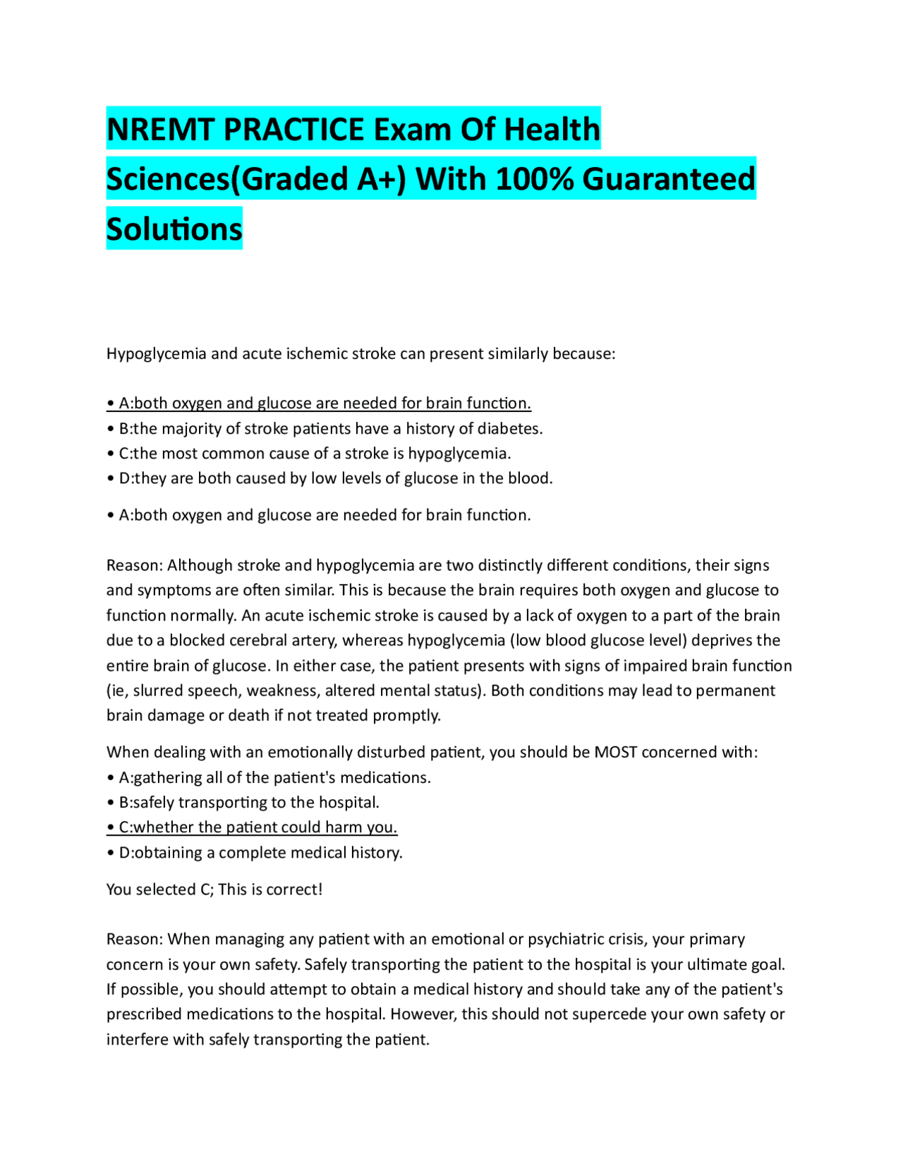 NREMT PRACTICE Exam Of Health Sciences(Graded A+) With 100% Guaranteed ...