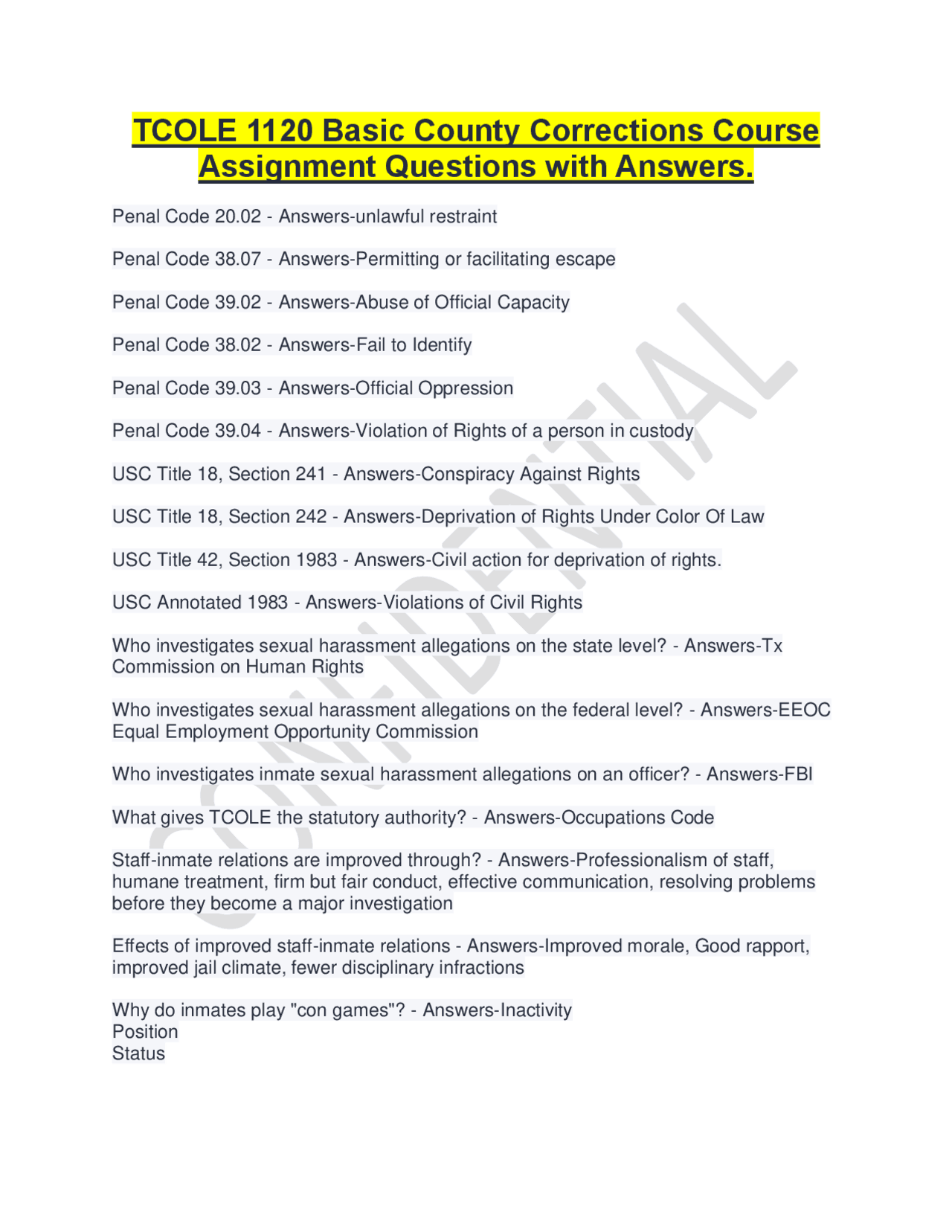 TCOLE 1120 Basic County Corrections Course Assignment Questions with ...