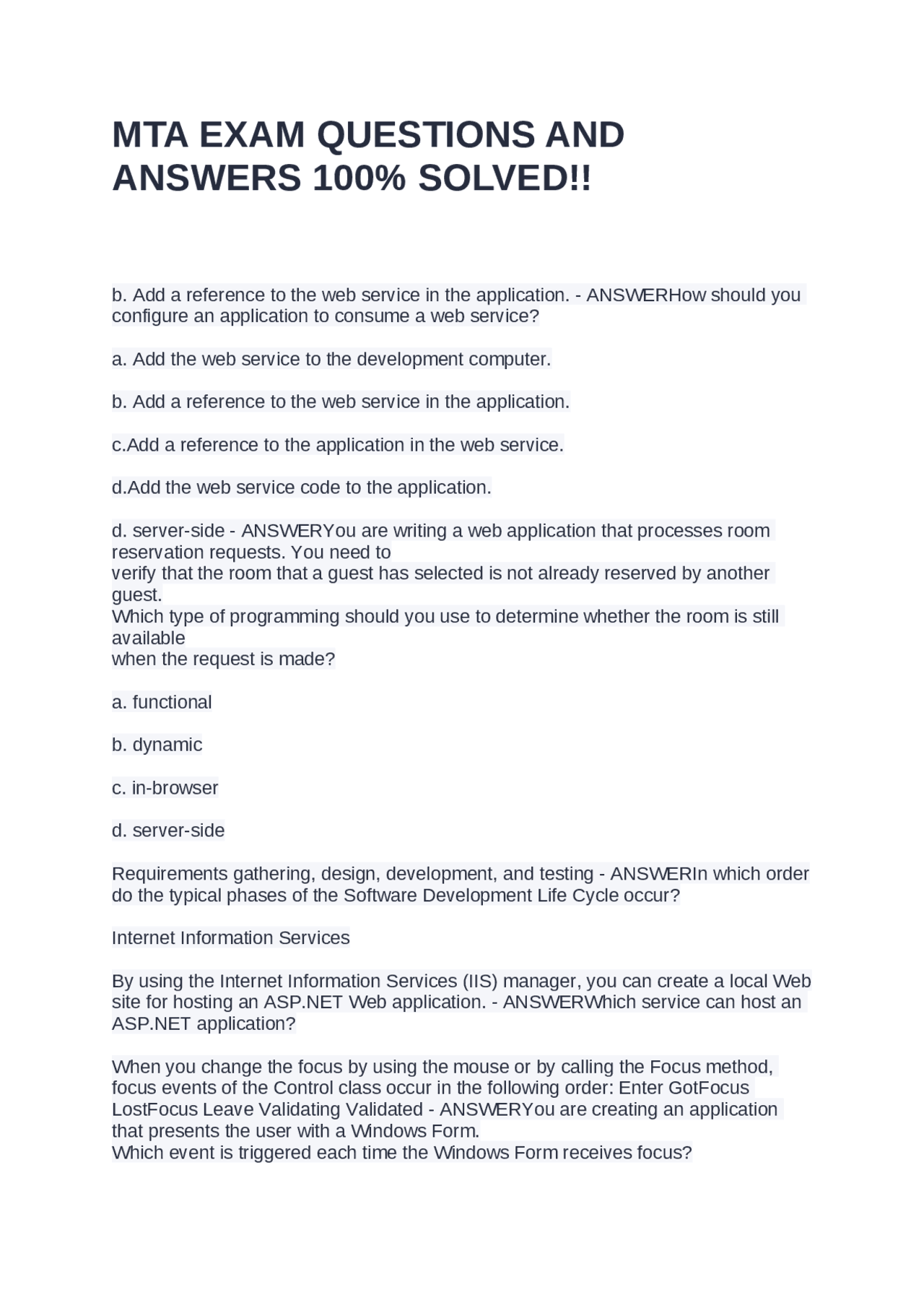 MTA EXAM QUESTIONS AND ANSWERS 100% SOLVED!! | Exams Advanced Education ...