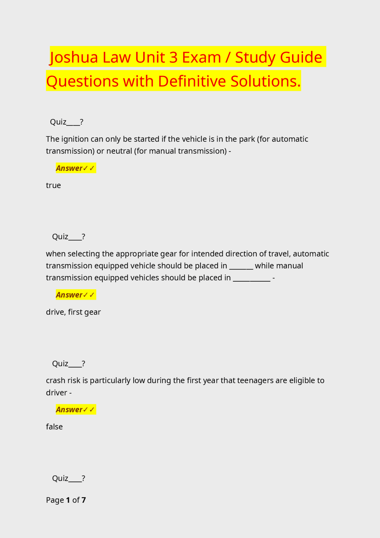 Joshua Law Unit 3 Exam / Study Guide Questions with Definitive ...