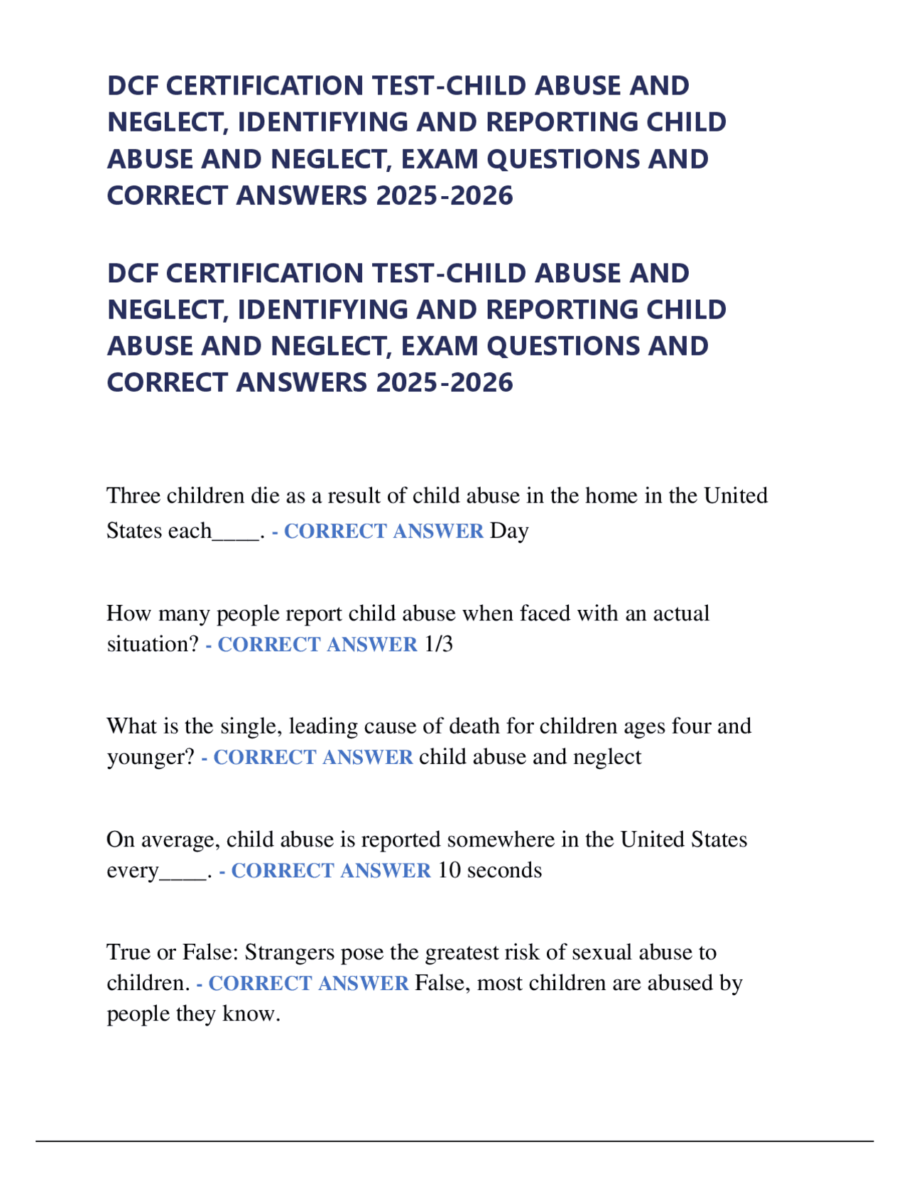 DCF CERTIFICATION TEST-CHILD ABUSE AND NEGLECT, IDENTIFYING AND ...