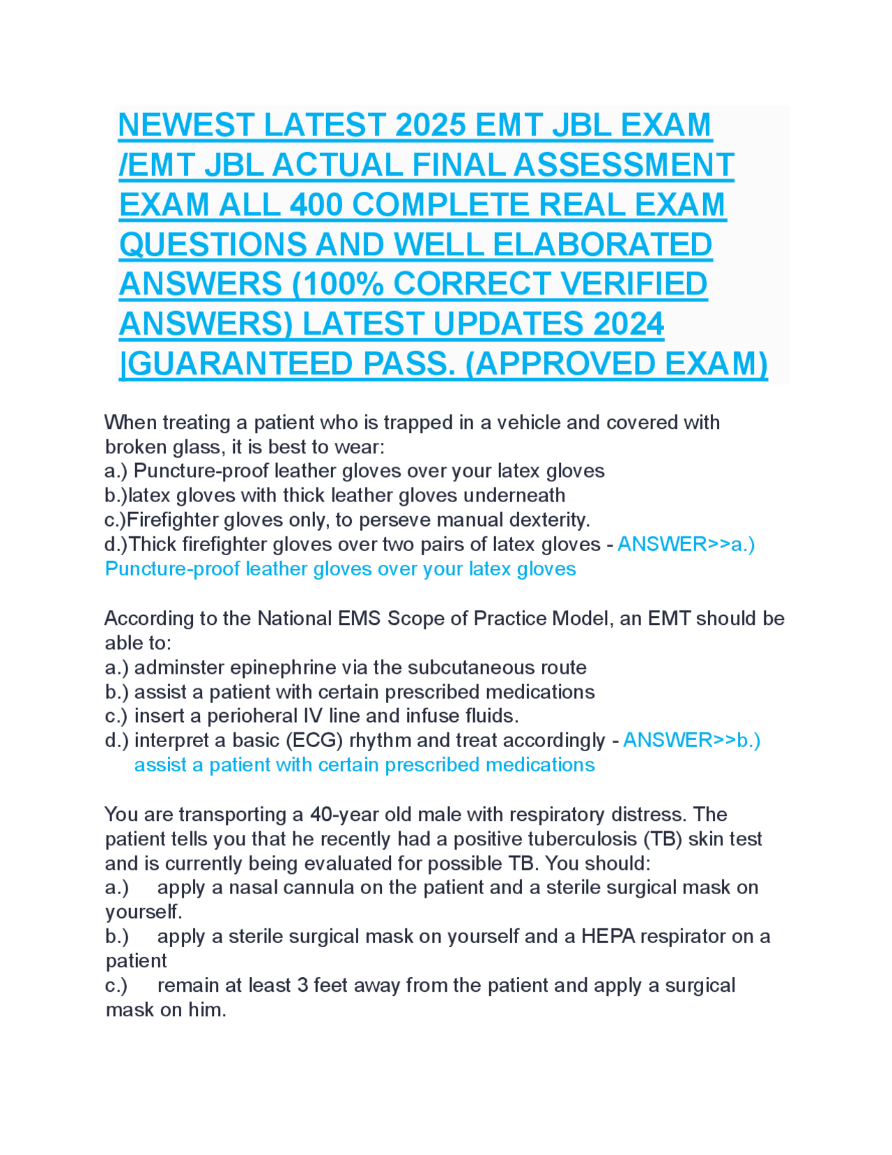 NEWEST LATEST 2025 EMT JBL EXAM /EMT JBL ACTUAL FINAL ASSESSMENT EXAM ...