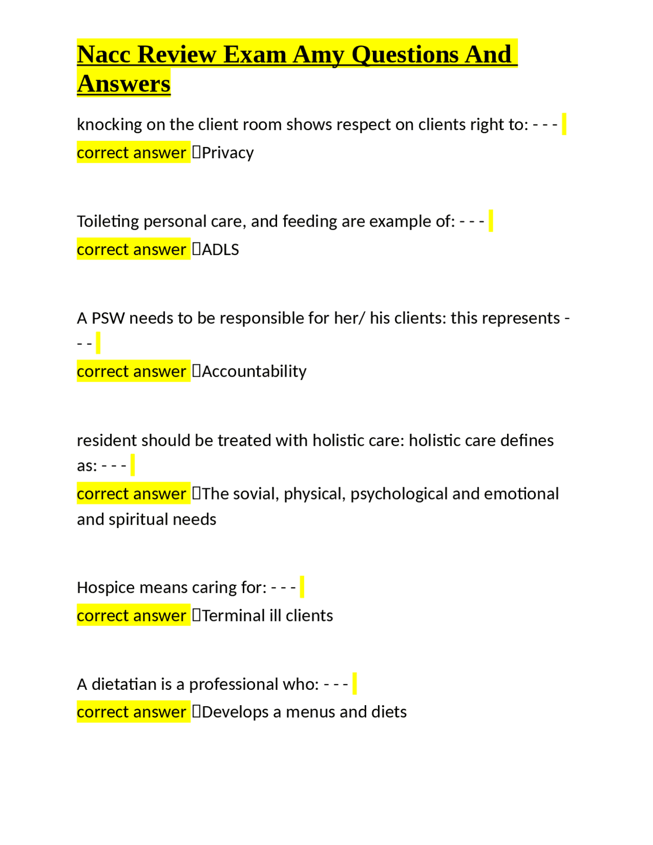 Nacc Review Exam Amy Questions And Answers | Exams Public Health | Docsity