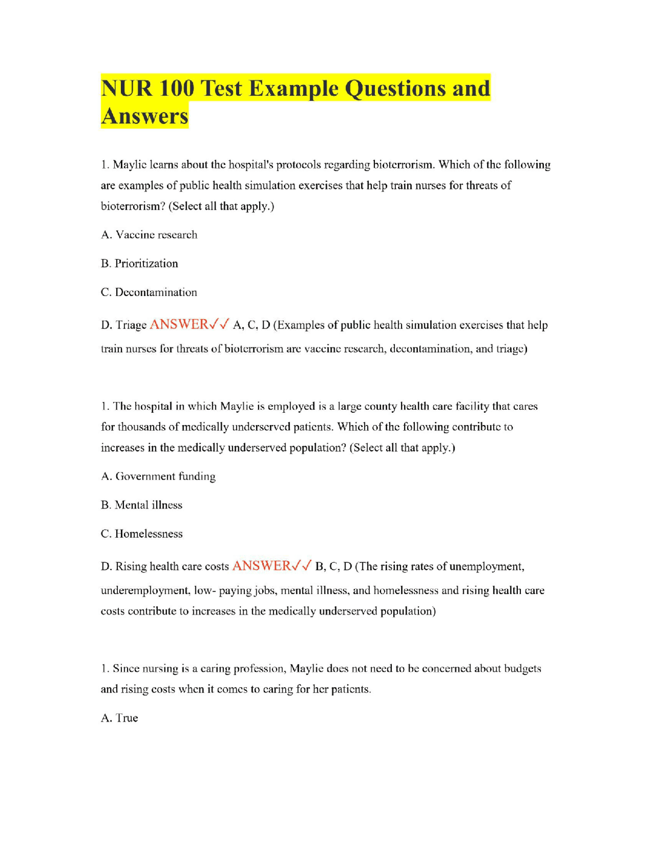 NUR 100 Test Example Questions and Answers | Exams Nursing | Docsity