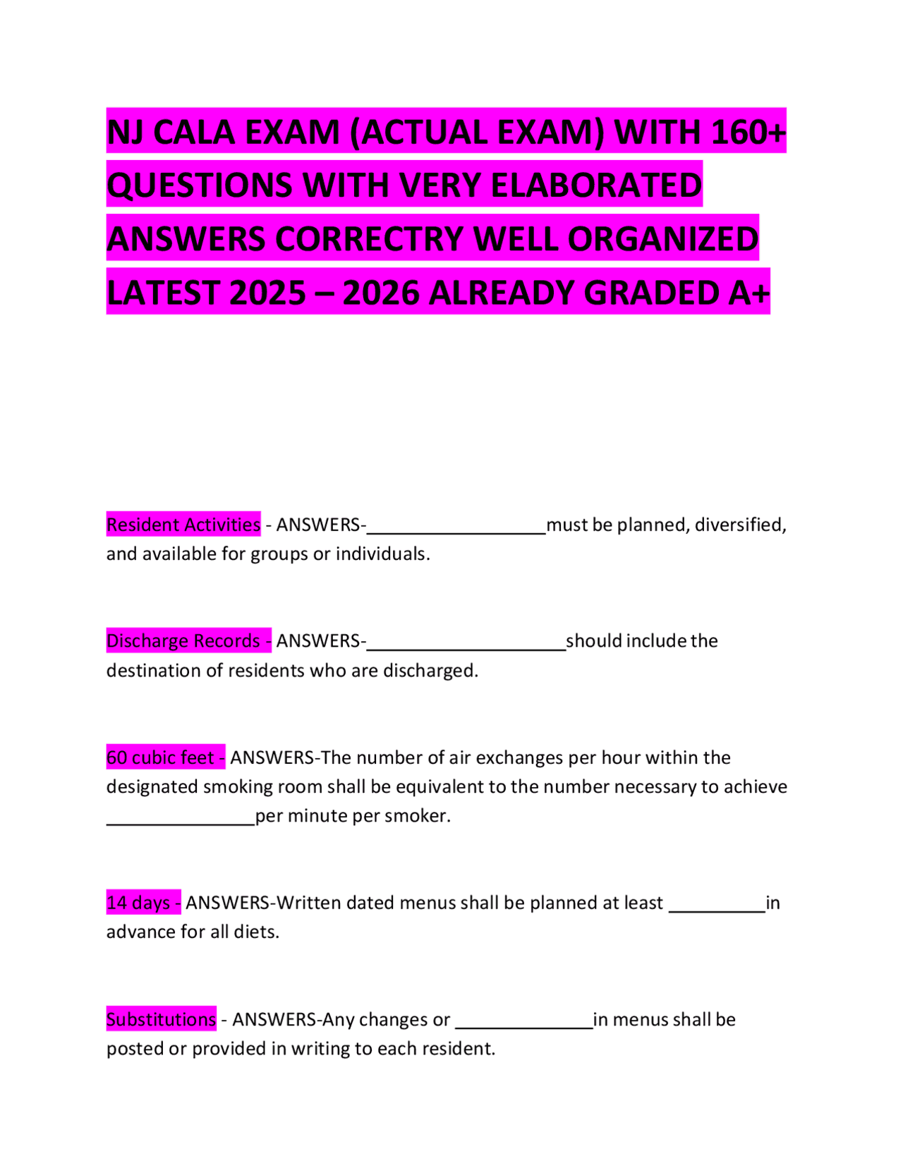 NJ CALA Exam Q&A: Assisted Living Regulations (N.J.A.C. 8:36) | Exams Nursing | Docsity