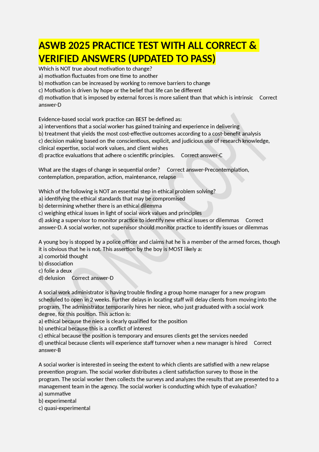 ASWB 2025 PRACTICE TEST WITH ALL CORRECT & VERIFIED ANSWERS (UPDATED TO ...