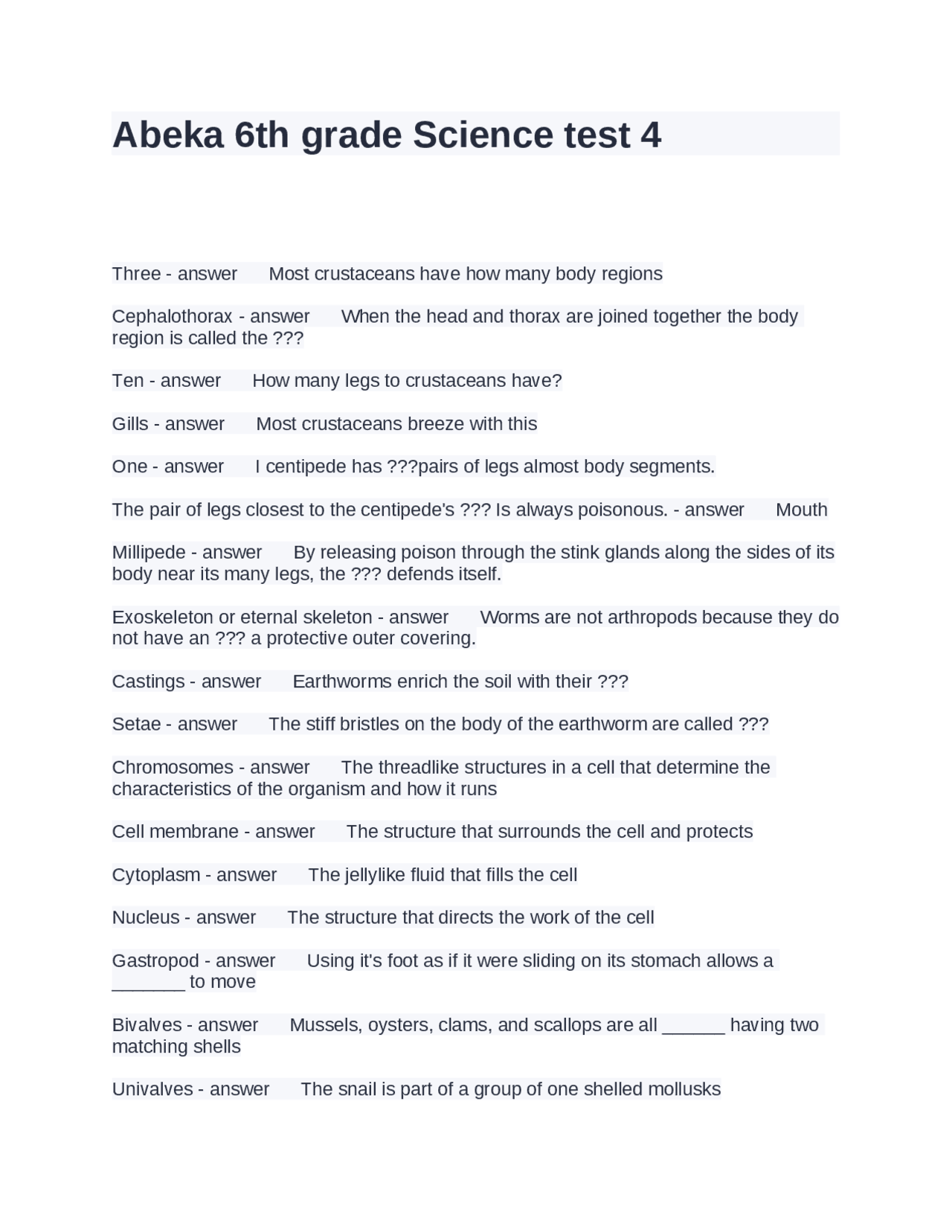 Abeka 6th grade Science test 4 Questions and Answers 100% Correct ...