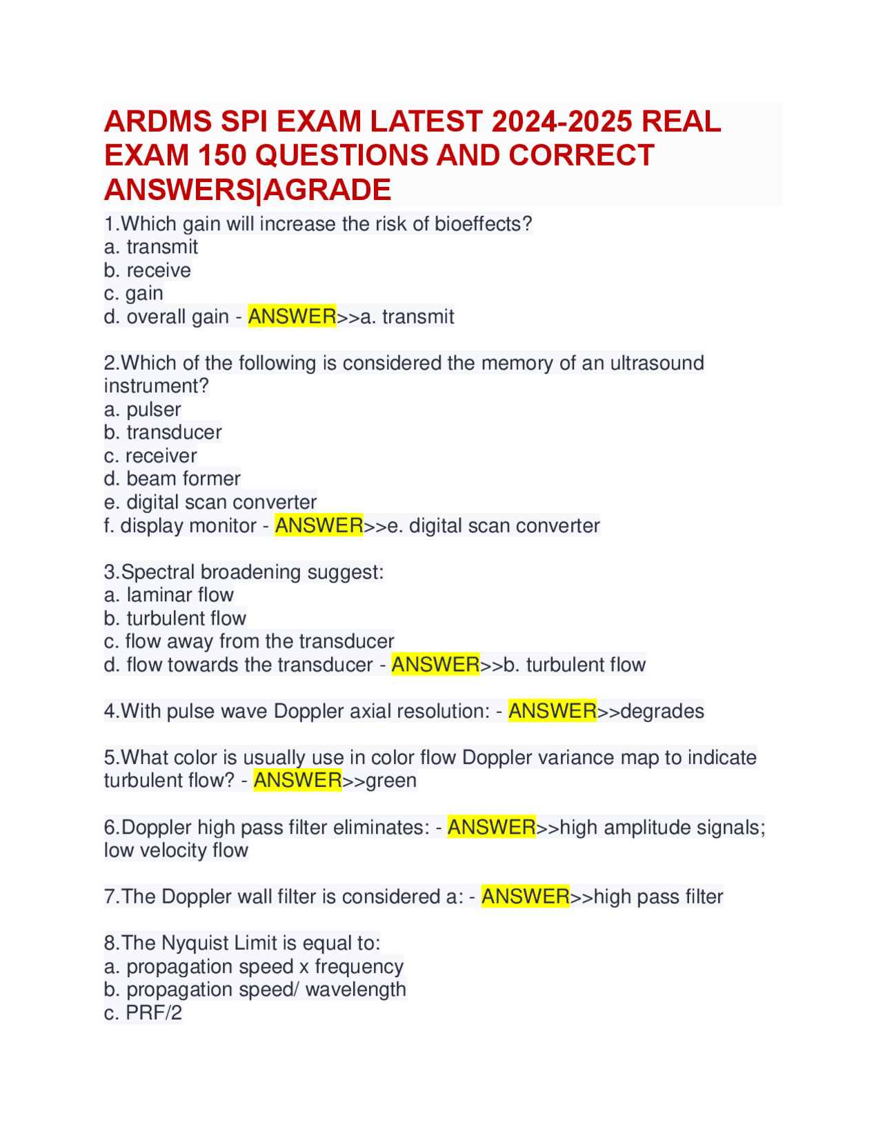 ARDMS SPI EXAM LATEST 2024-2025 REAL EXAM 150 QUESTIONS AND CORRECT ...