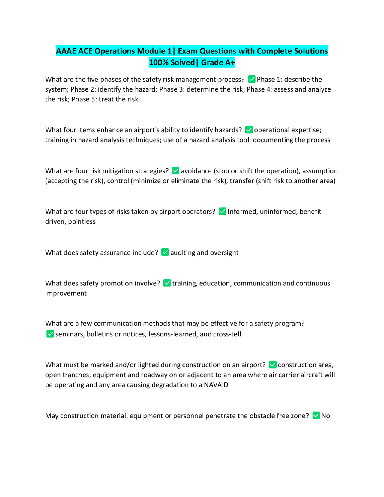 AAAE ACE Operations Module 1| Exam Questions with Complete Solutions ...