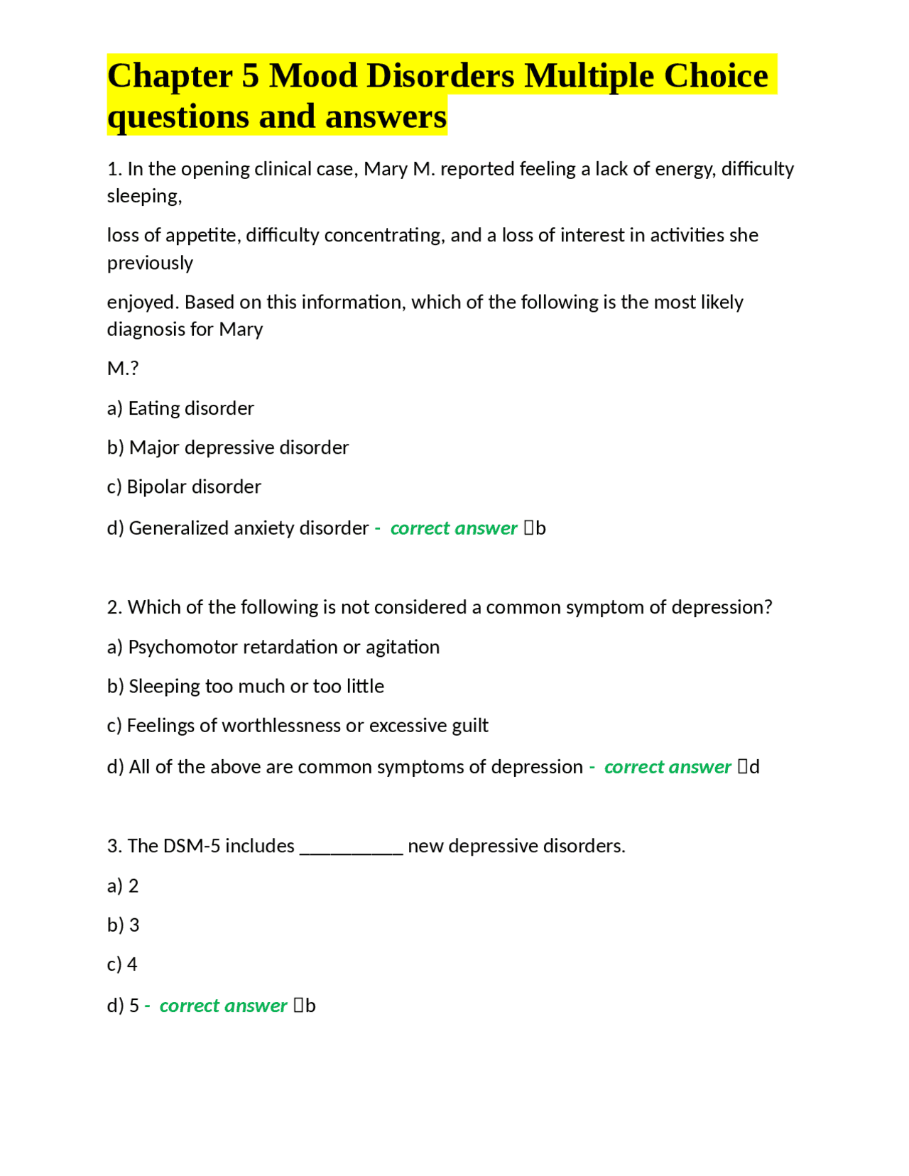 Chapter 5 Mood Disorders Multiple Choice questions and answers | Exams ...