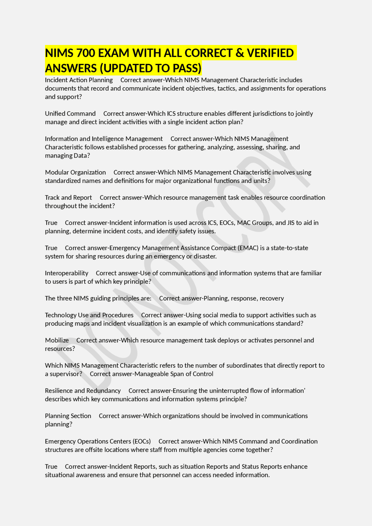 NIMS 700 EXAM WITH ALL CORRECT & VERIFIED ANSWERS (UPDATED TO PASS ...