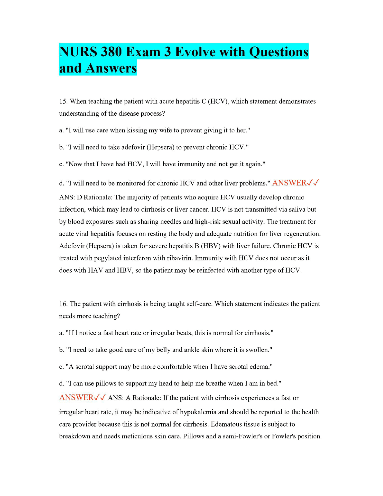 NURS 380 Exam 3 Evolve with Questions and Answers | Exams Nursing | Docsity