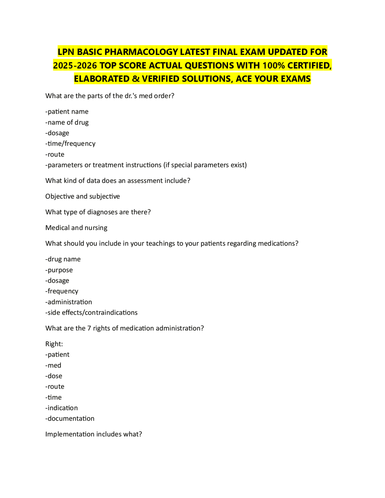 LPN BASIC PHARMACOLOGY LATEST FINAL EXAM UPDATED FOR 2025-2026 TOP ...