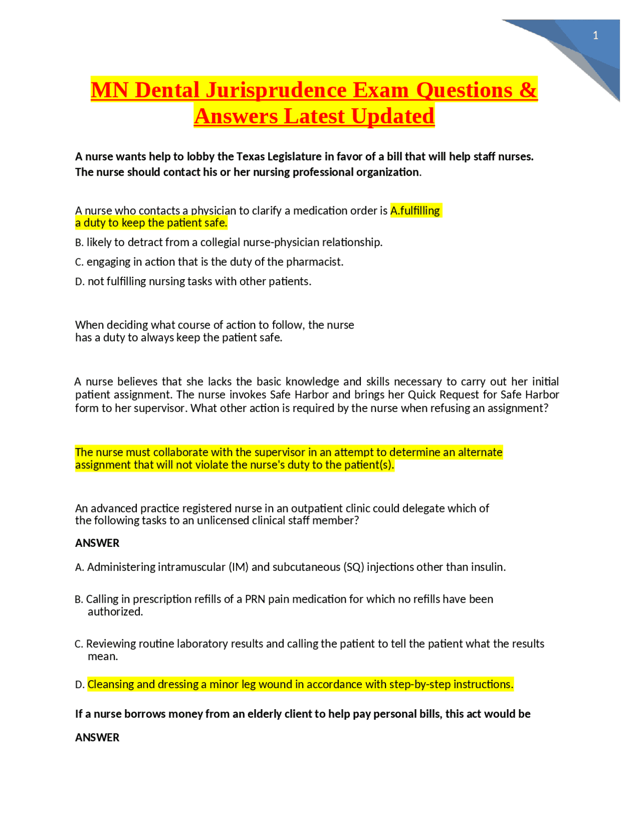 MN Dental Jurisprudence Exam Questions & Answers | Exams Nursing | Docsity