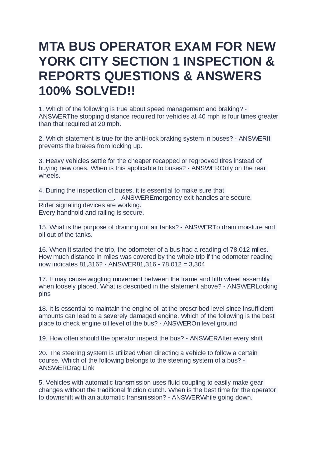 MTA BUS OPERATOR EXAM FOR NEW YORK CITY SECTION 1 INSPECTION & REPORTS ...