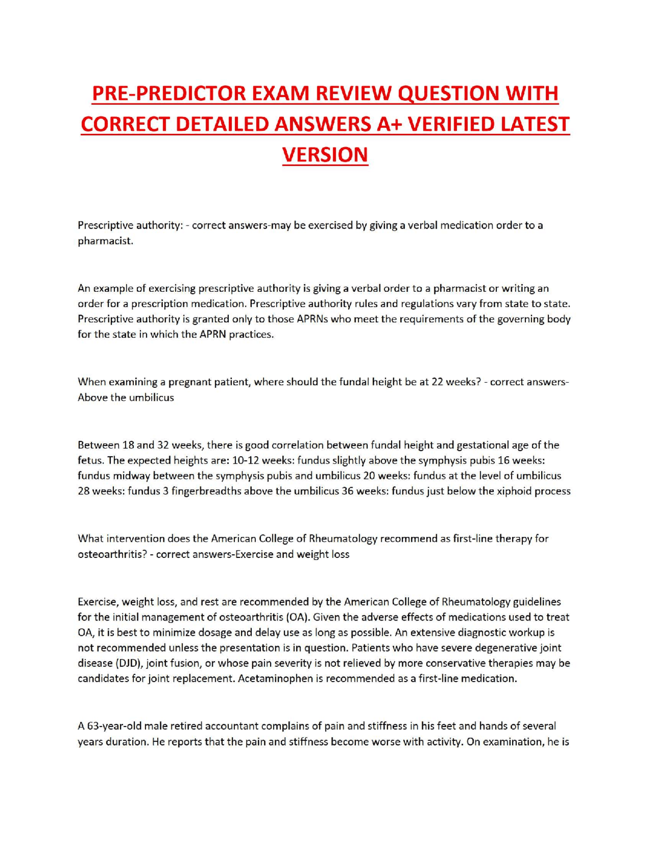 PRE-PREDICTOR EXAM REVIEW QUESTION WITH CORRECT DETAILED ANSWERS A+ ...