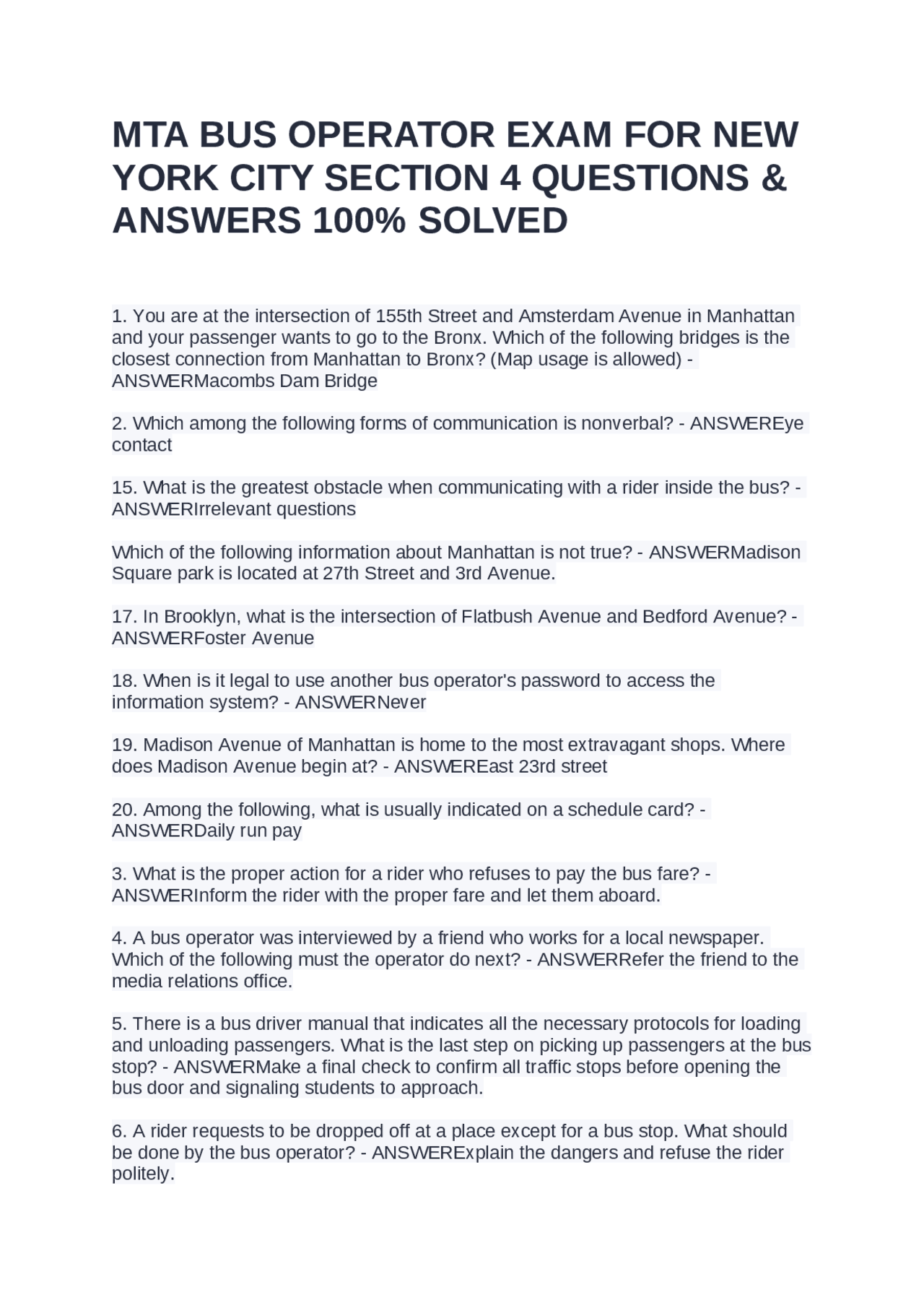 MTA BUS OPERATOR EXAM FOR NEW YORK CITY SECTION 4 QUESTIONS & ANSWERS ...