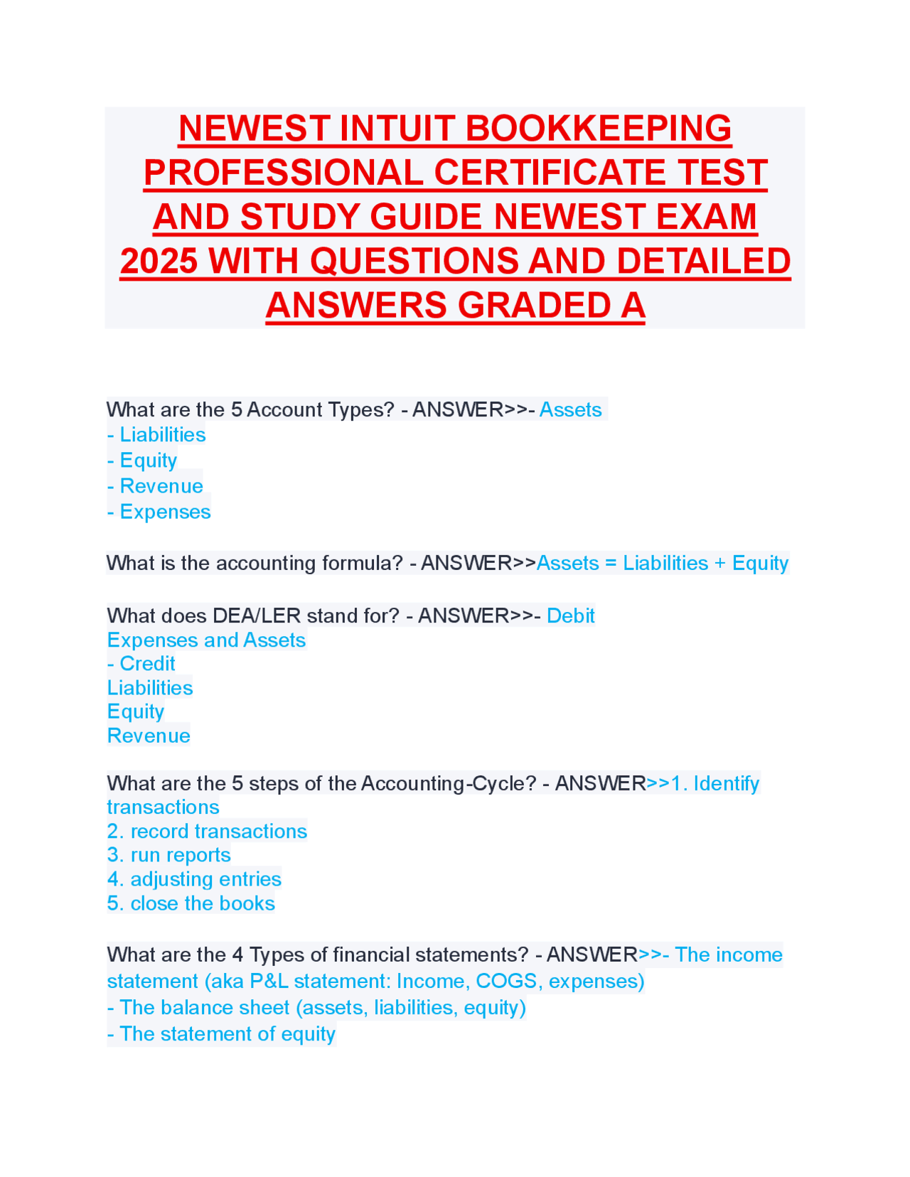 NEWEST INTUIT BOOKKEEPING PROFESSIONAL CERTIFICATE TEST AND STUDY GUIDE ...
