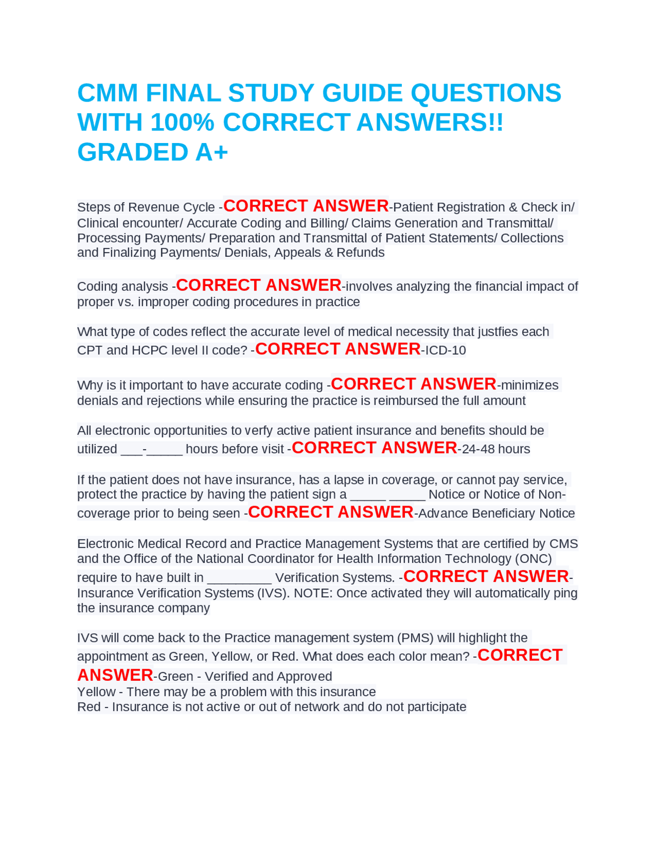 CMM FINAL STUDY GUIDE QUESTIONS WITH 100% CORRECT ANSWERS!! GRADED A+ ...