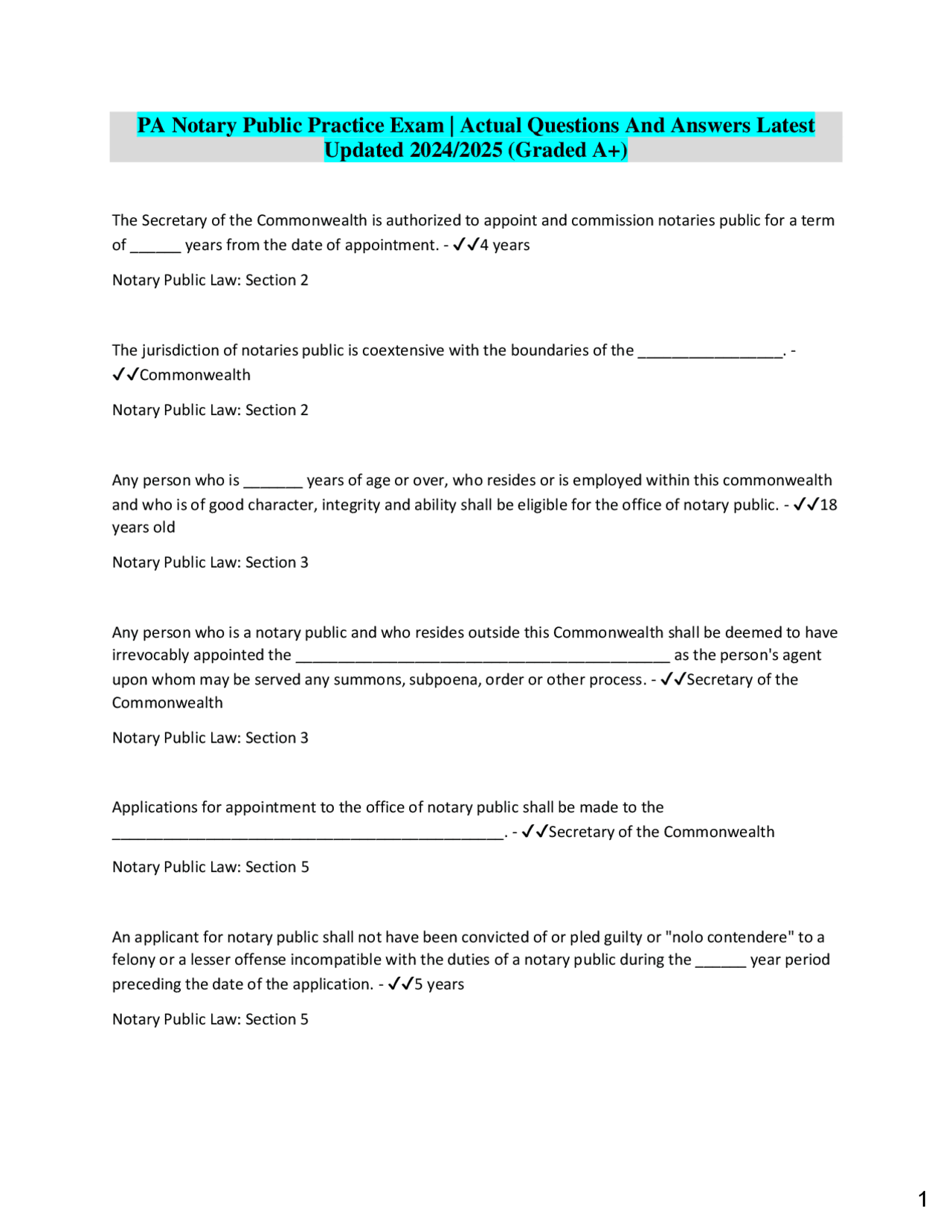 PA Notary Public Practice Exam | Actual Questions And Answers Latest ...