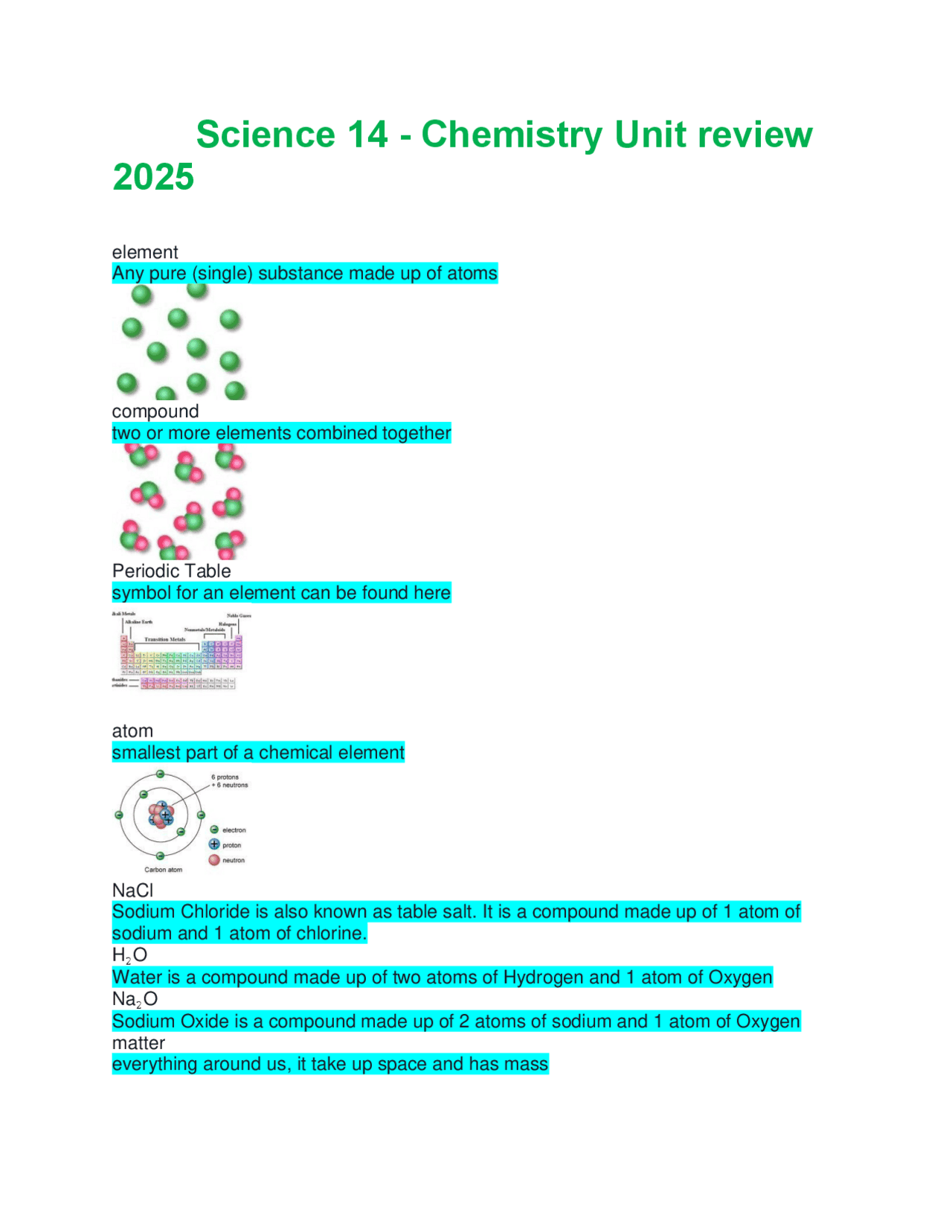 Science 14 - Chemistry Unit review 2025/2026 questions and answers ...