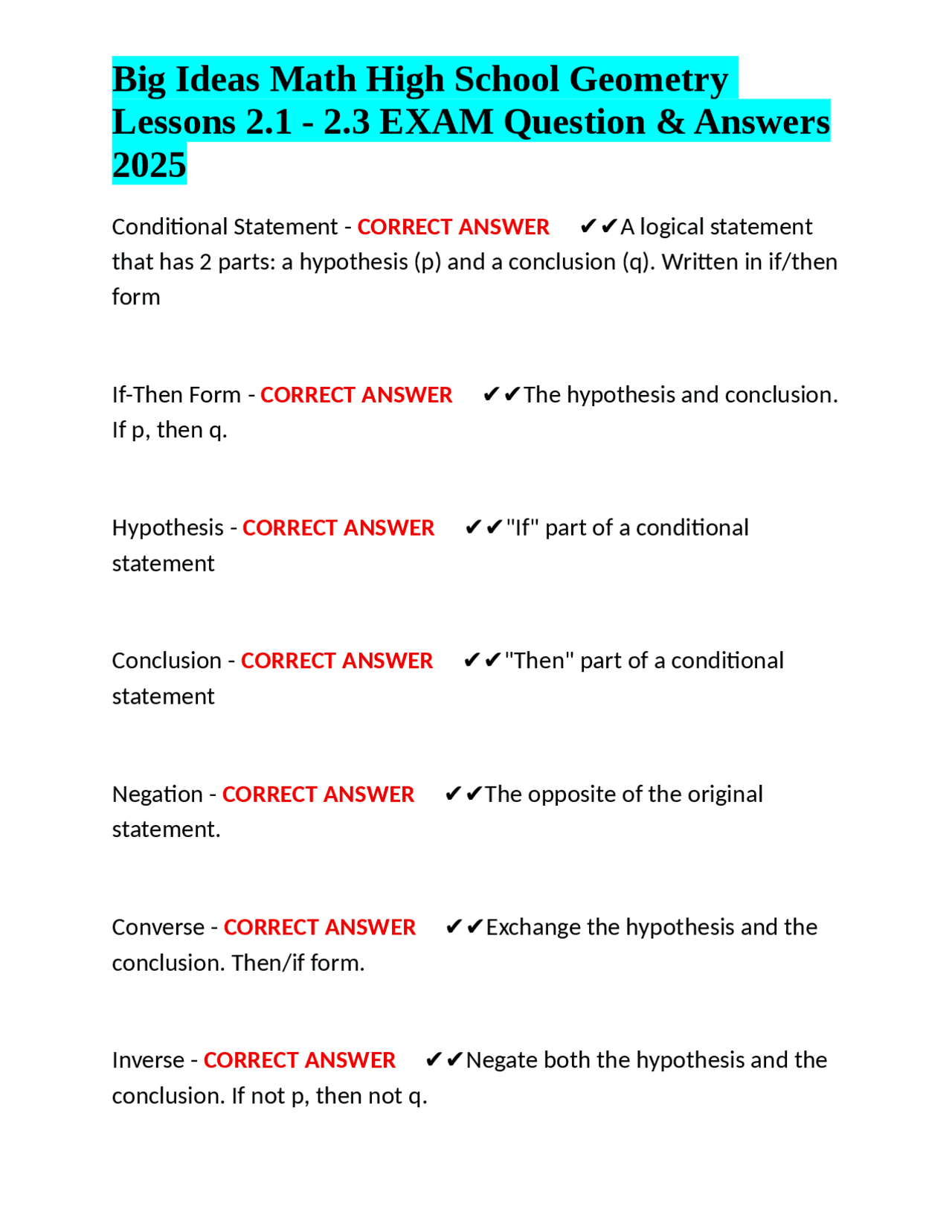 Big Ideas Math High School Geometry Lessons 2.1 - 2.3 EXAM Question ...