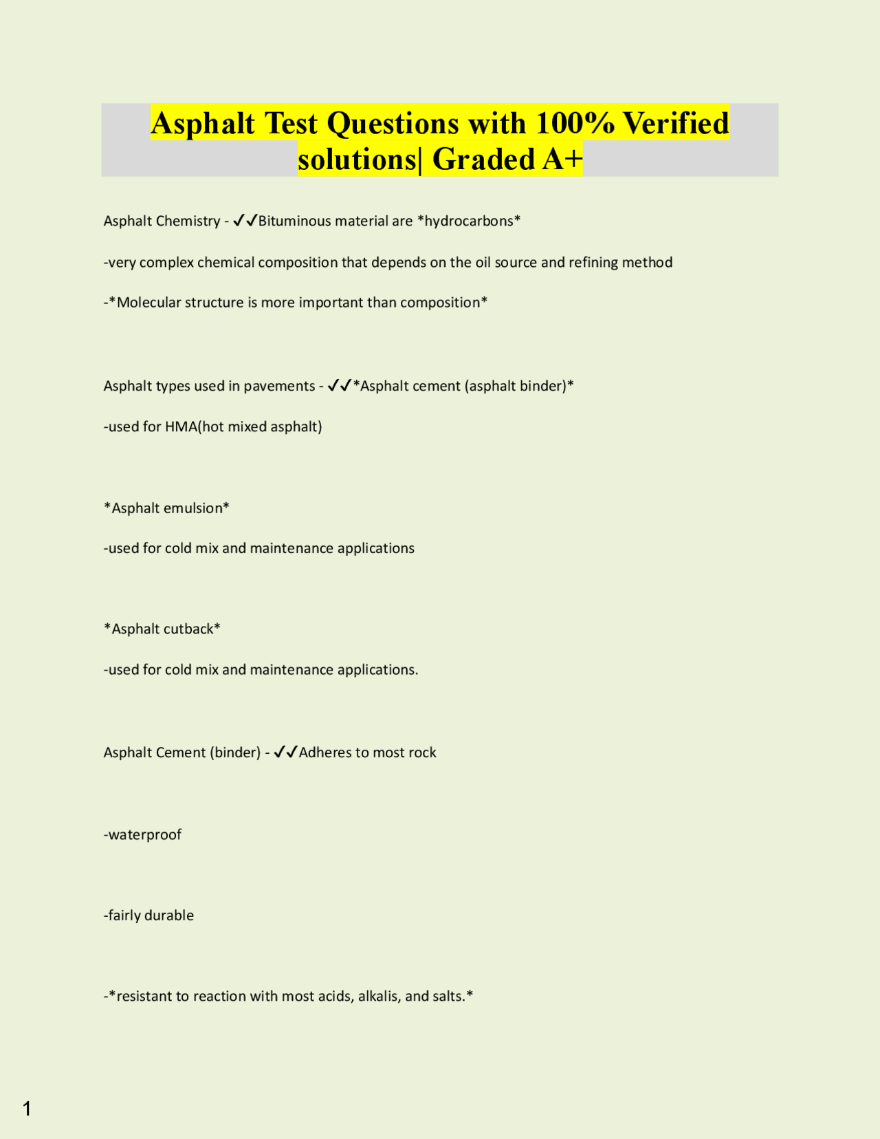 Asphalt Test Questions with 100% Verified solutions| Graded A+ Asphalt ...