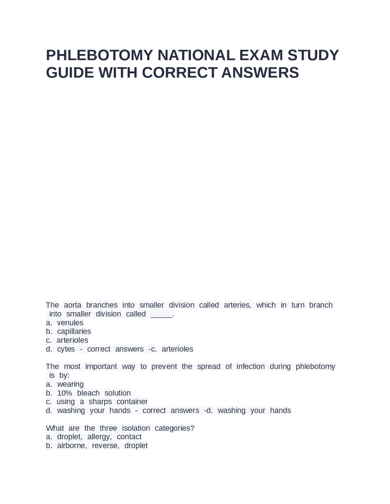 Phlebotomy National Exam Study Guide: Questions and Answers | Exams ...