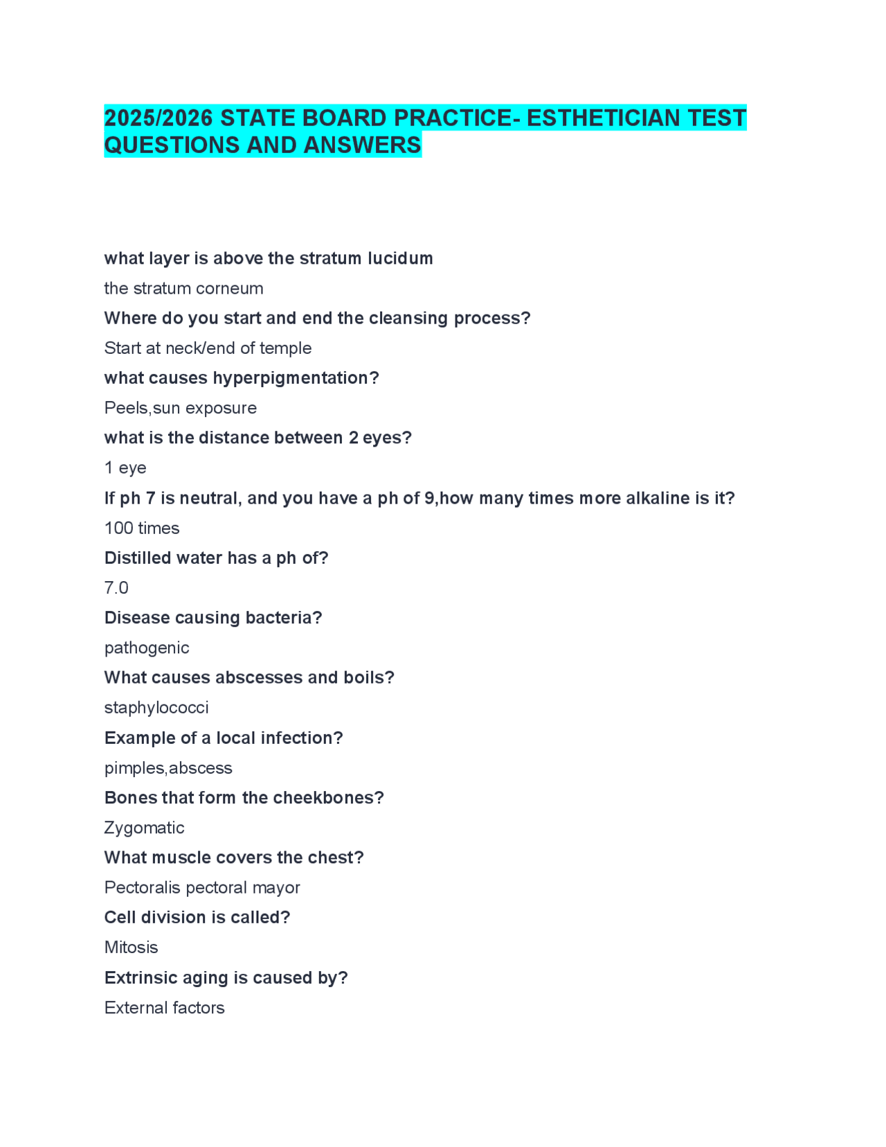 2025/2026 STATE BOARD PRACTICE- ESTHETICIAN TEST QUESTIONS AND ANSWERS ...