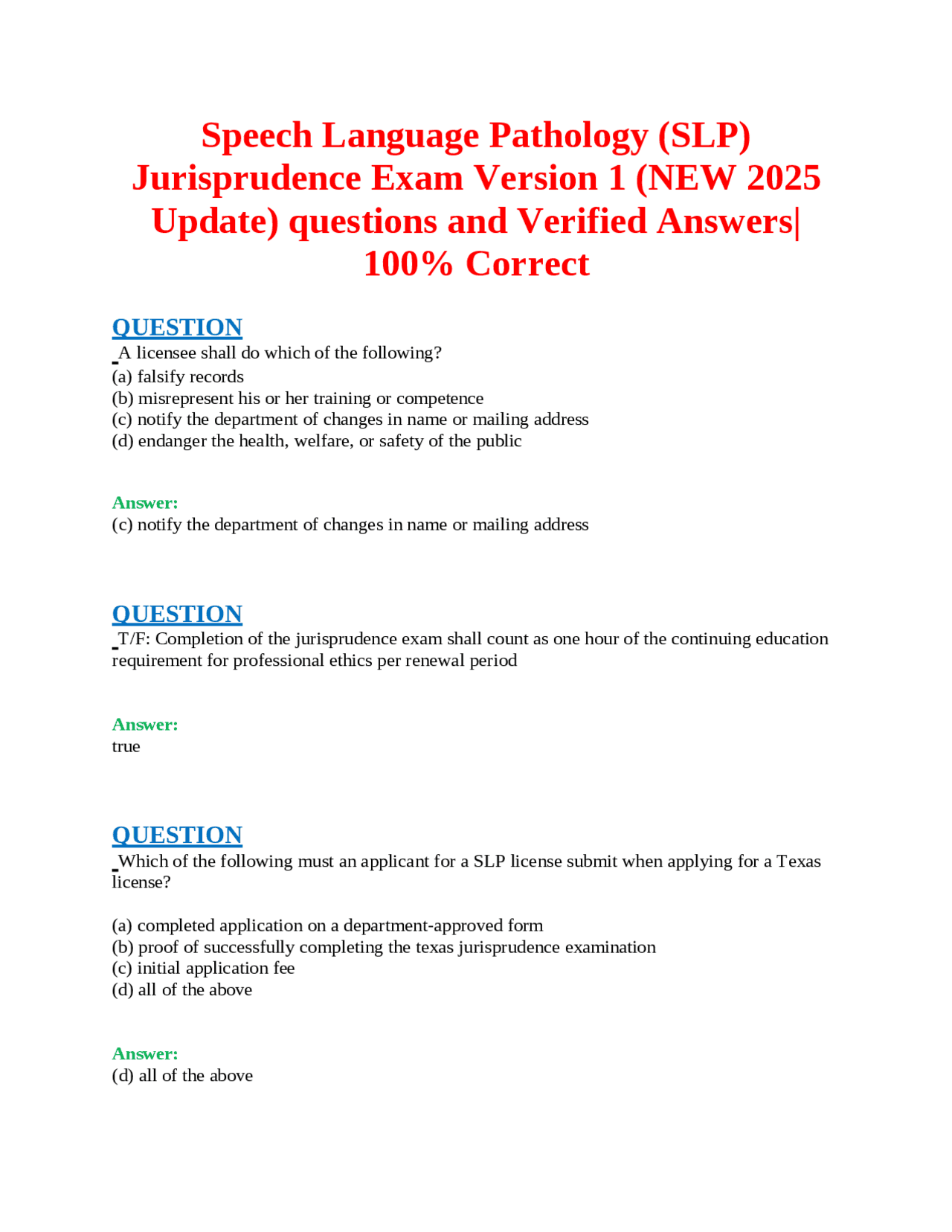 Speech Language Pathology (SLP) Jurisprudence Exam Version 1 (NEW 2025 Update) questions a ...