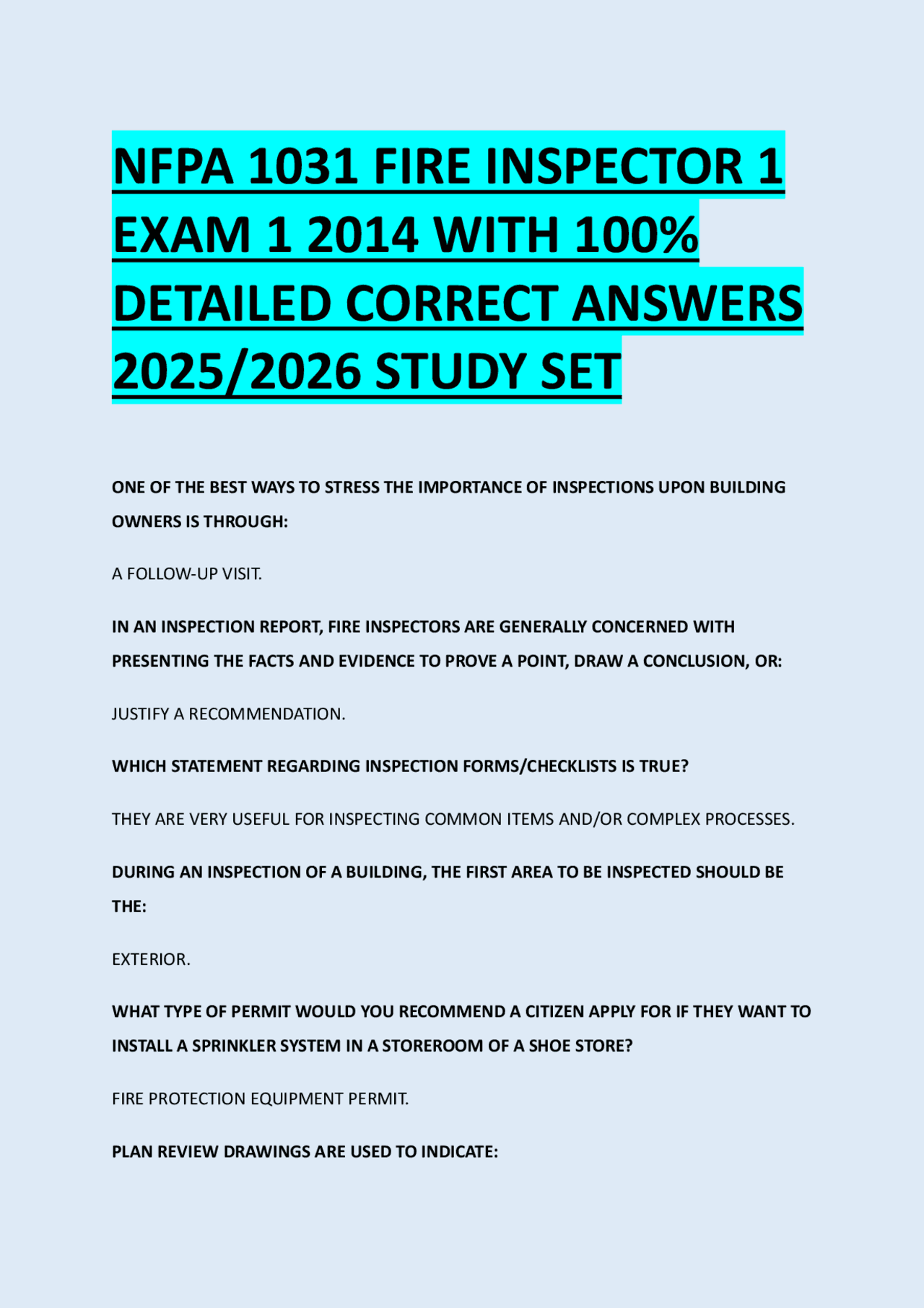 NFPA 1031 FIRE INSPECTOR 1 EXAM 1 2014 WITH 100% DETAILED CORRECT ...
