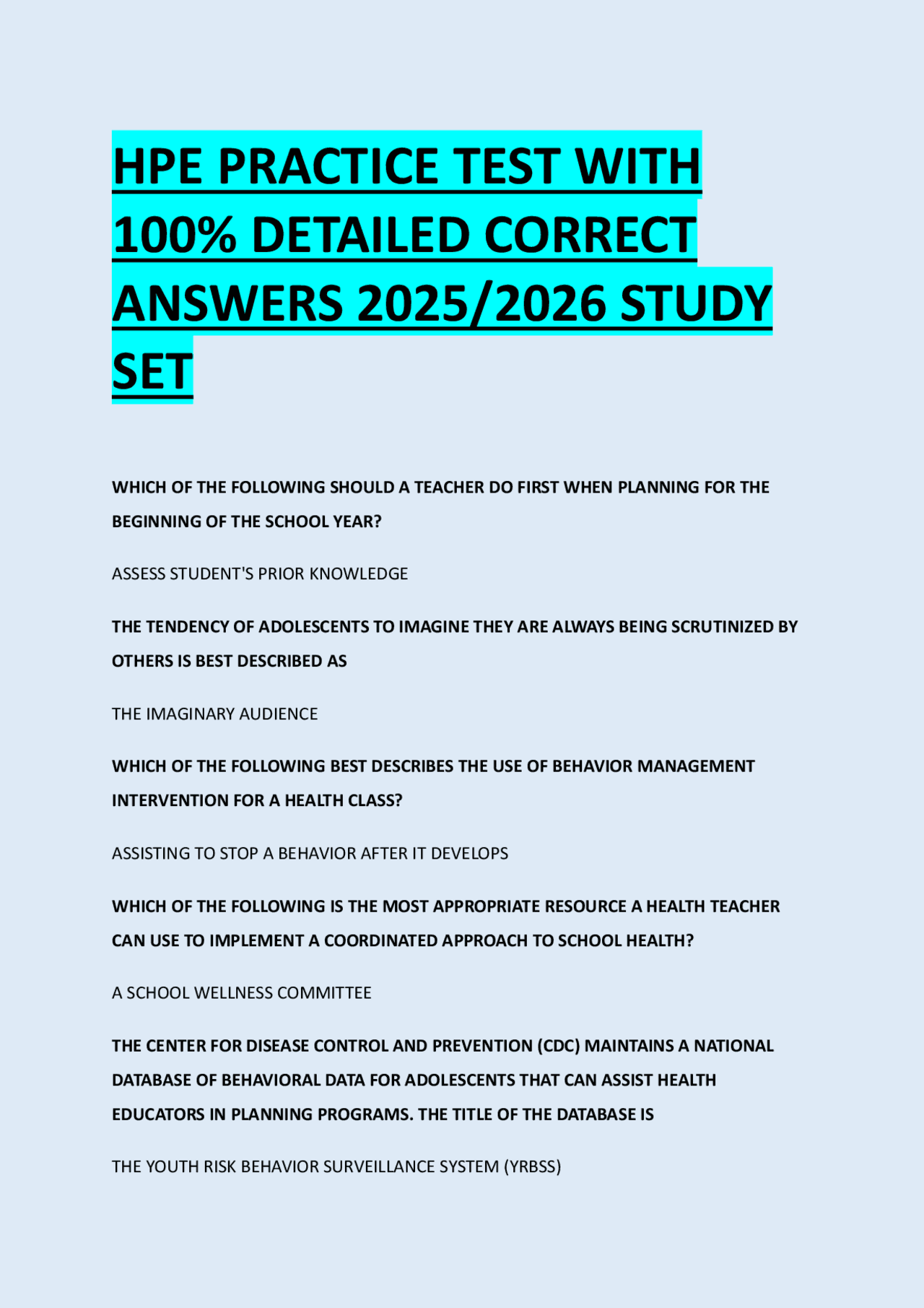 HPE PRACTICE TEST WITH 100% DETAILED CORRECT ANSWERS 2025/2026 STUDY ...