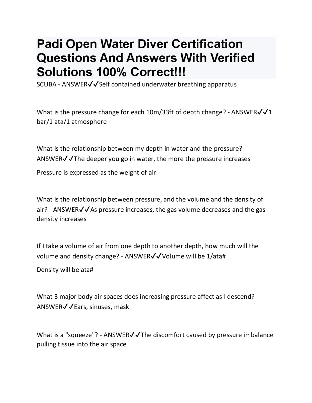 Padi Open Water Diver Certification Questions And Answers With Verified ...