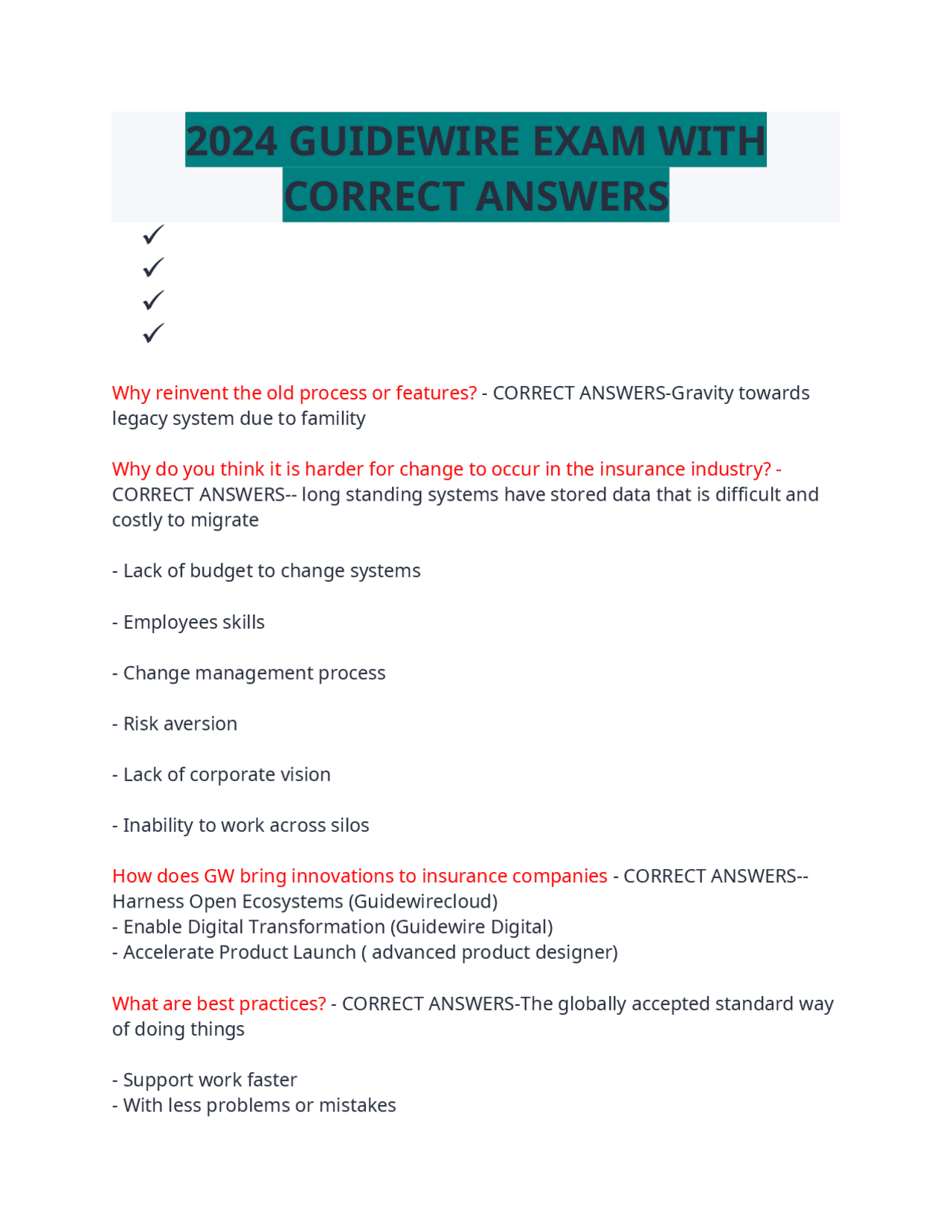 2024 GUIDEWIRE EXAM WITH CORRECT ANSWERS | Exams Nursing | Docsity