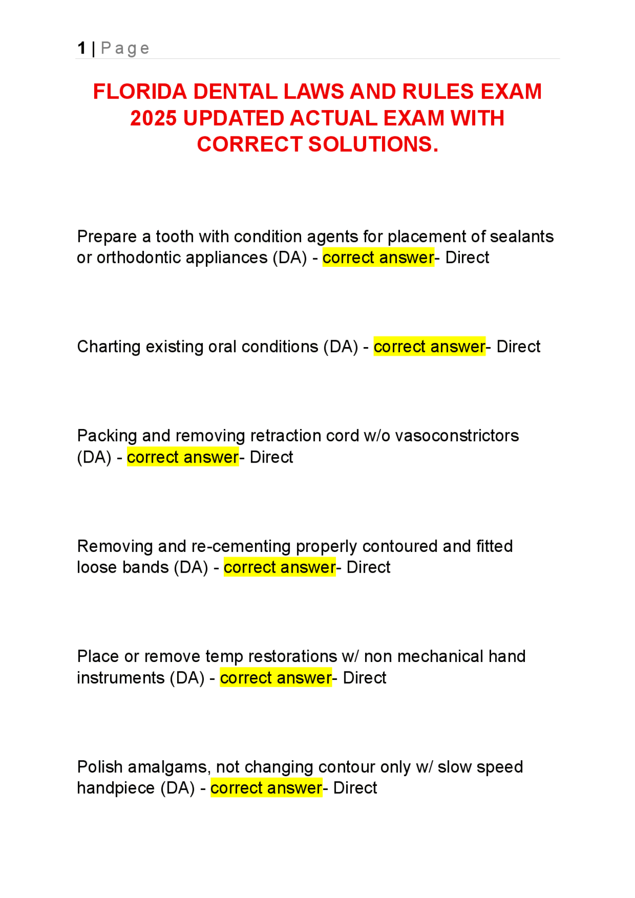 FLORIDA DENTAL LAWS AND RULES EXAM 2025 UPDATED ACTUAL EXAM WITH ...