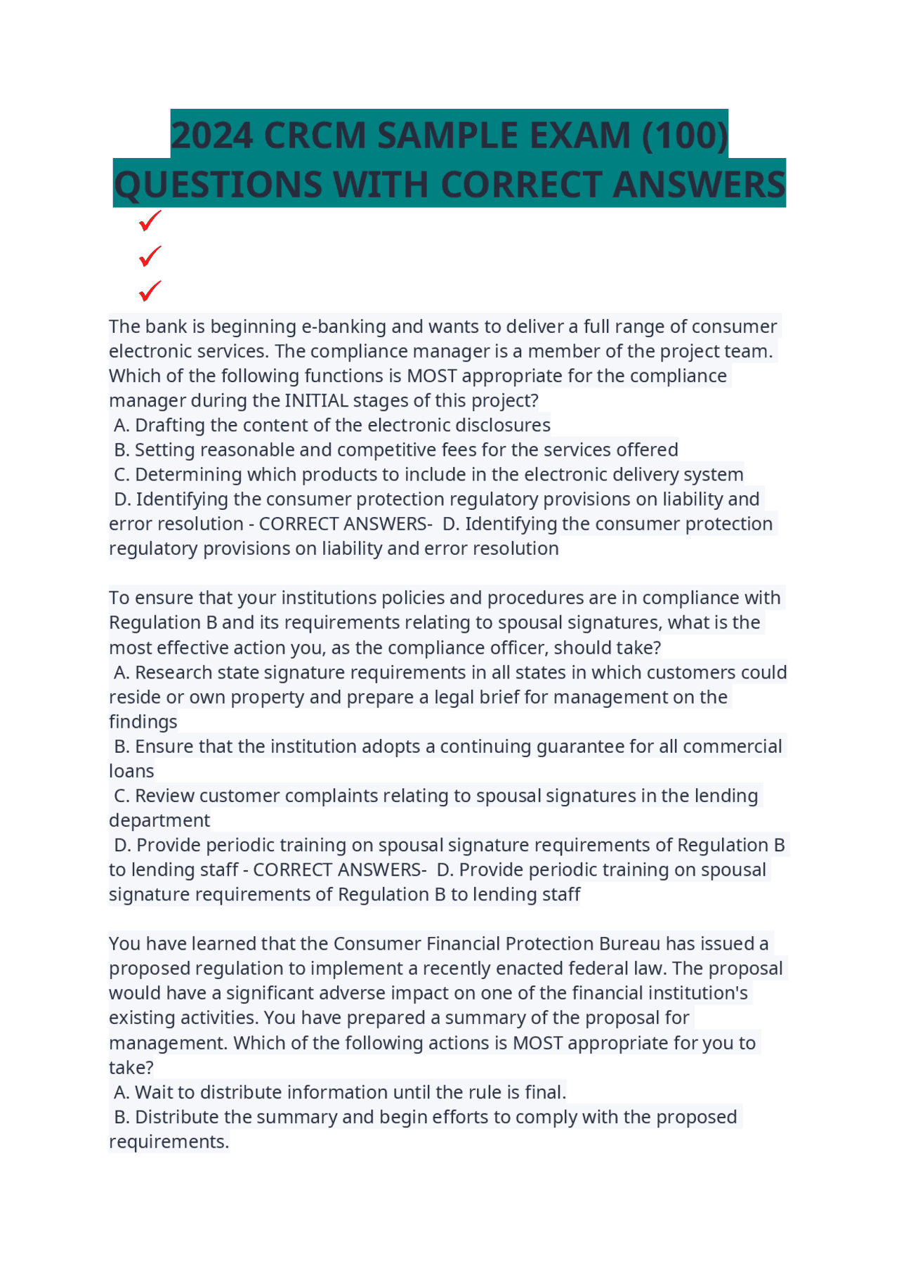 2024 CRCM SAMPLE EXAM (100) QUESTIONS WITH CORRECT ANSWERS | Exams ...