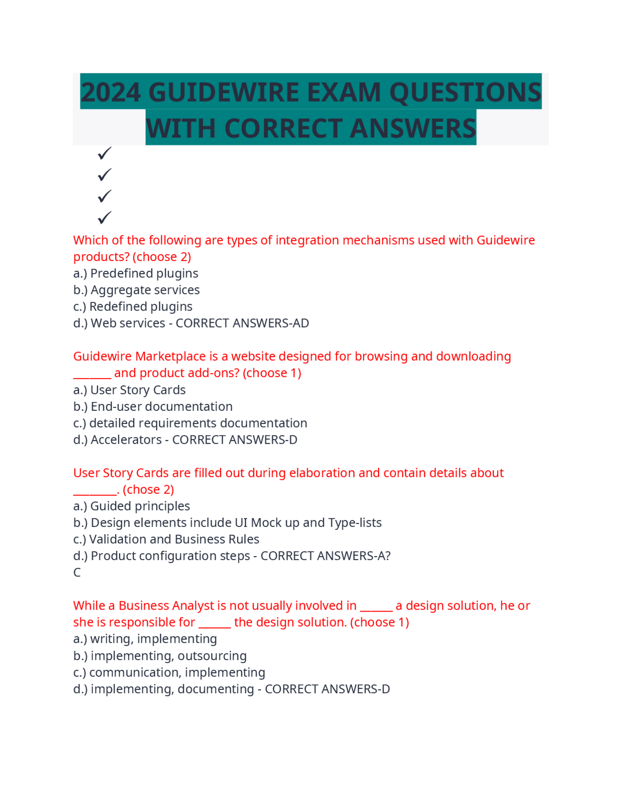 Guidewire Exam Q&A: User Stories and Integration | Exams Nursing | Docsity