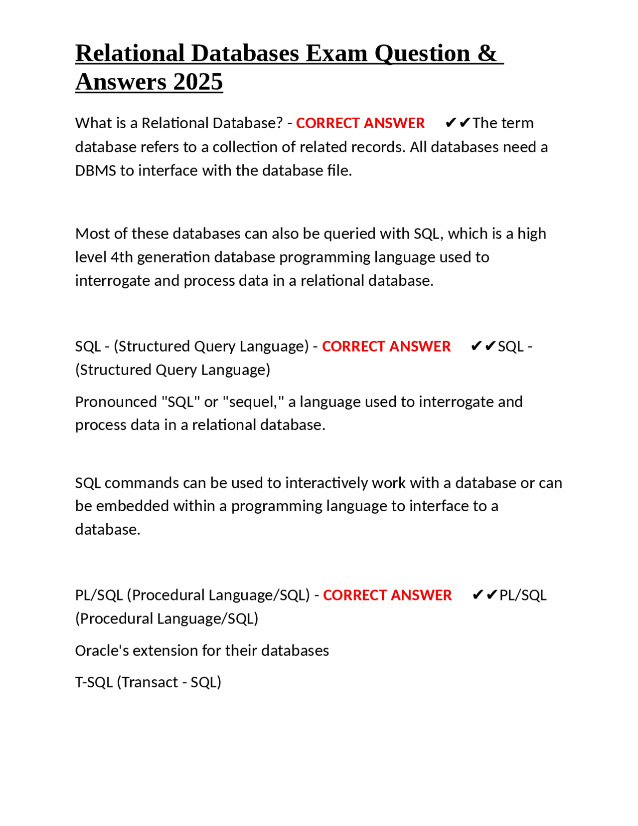 Relational Databases: Exam Questions and Answers | Exams Nursing | Docsity