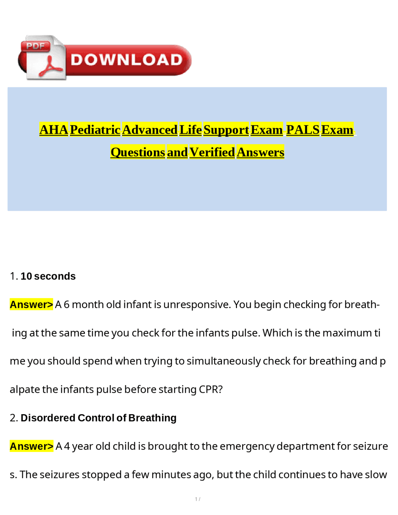 AHA Pediatric Advanced Life Support Exam / PALS Exam Questions with 100 ...