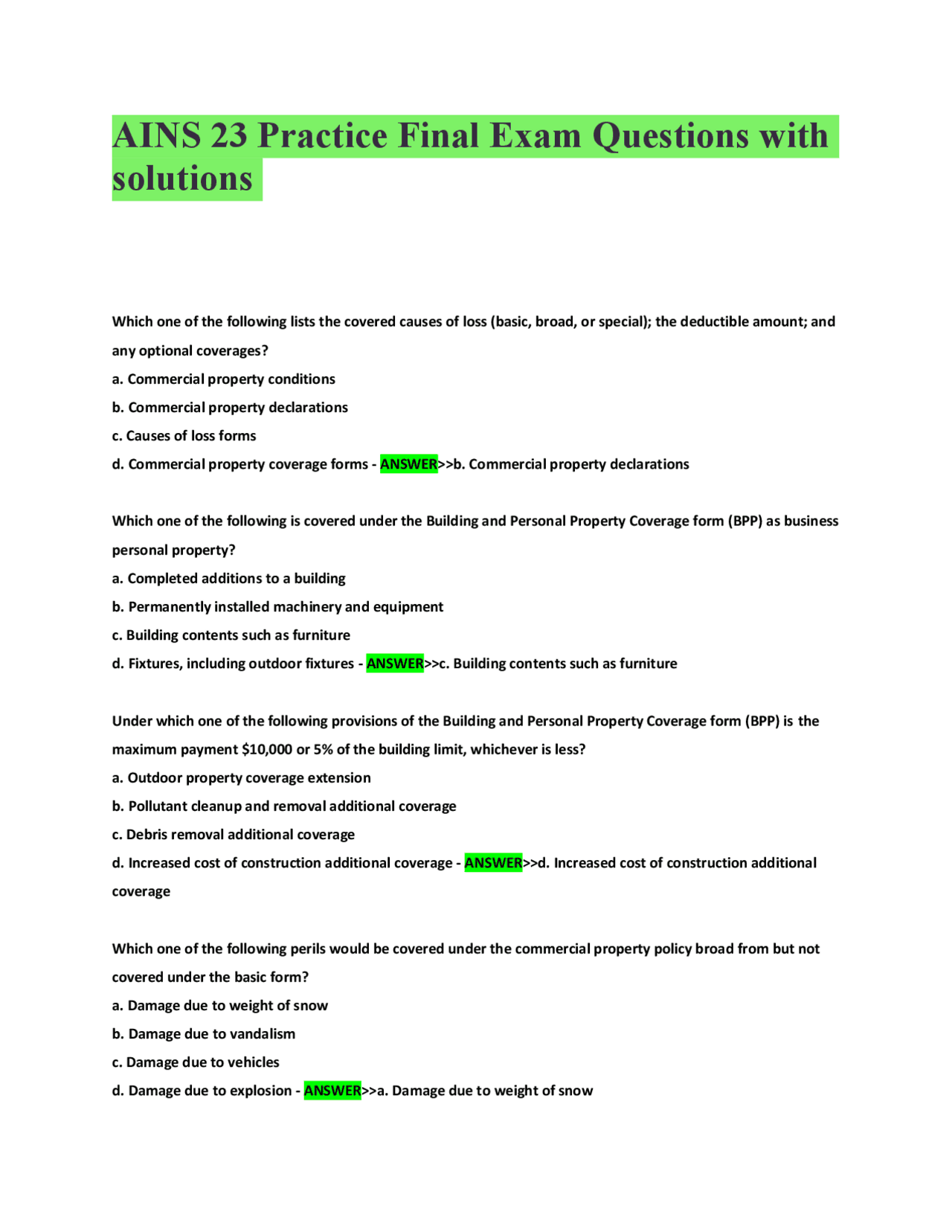 AINS 23 Practice Final Exam Questions with solutions | Exams Nursing ...