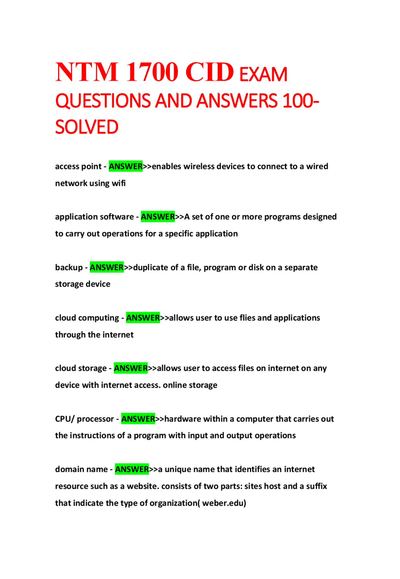 NTM 1700 CID EXAM QUESTIONS AND ANSWERS 100- SOLVED | Exams Nursing ...