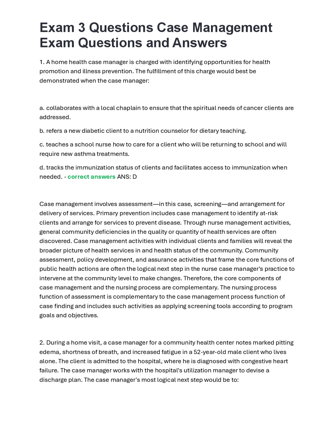 Exam 3 Questions Case Management Exam Questions and Answers | Exams ...