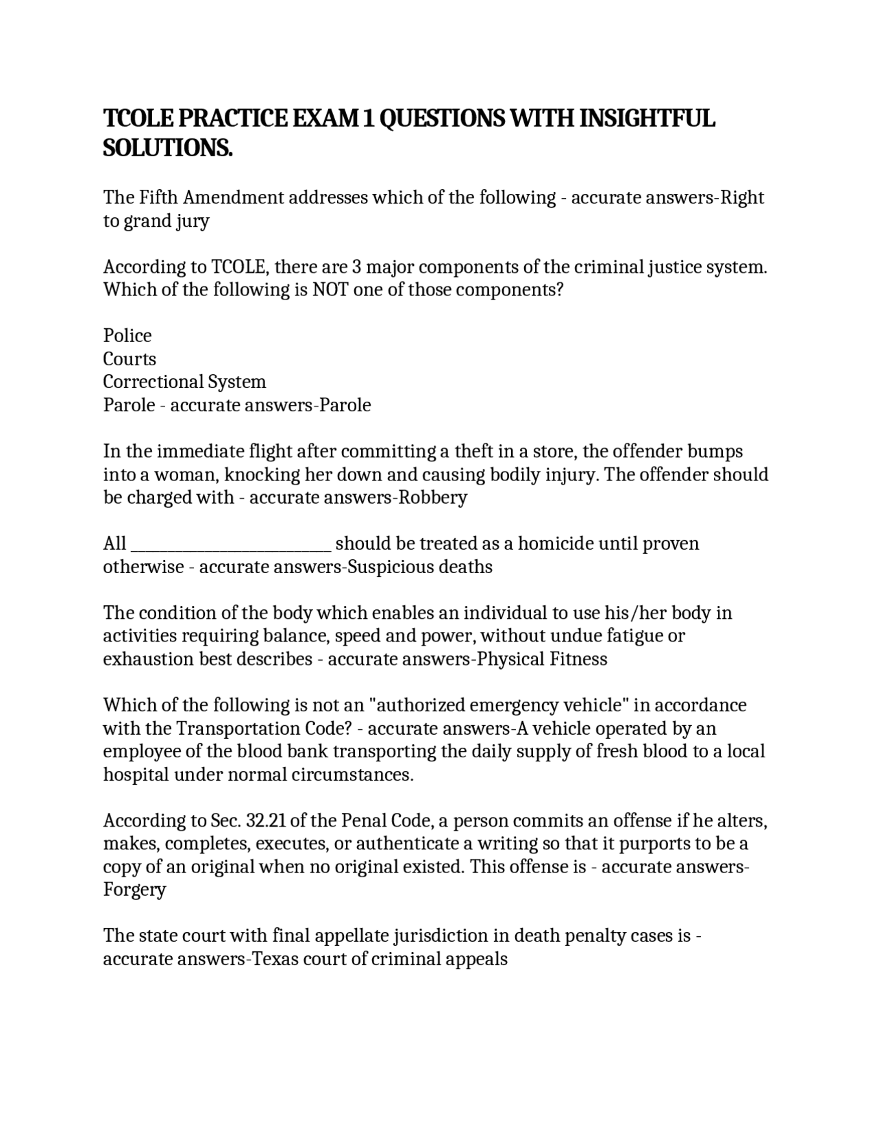 TCOLE PRACTICE EXAM 1 QUESTIONS WITH INSIGHTFUL SOLUTIONS. | Exams Criminal Law | Docsity