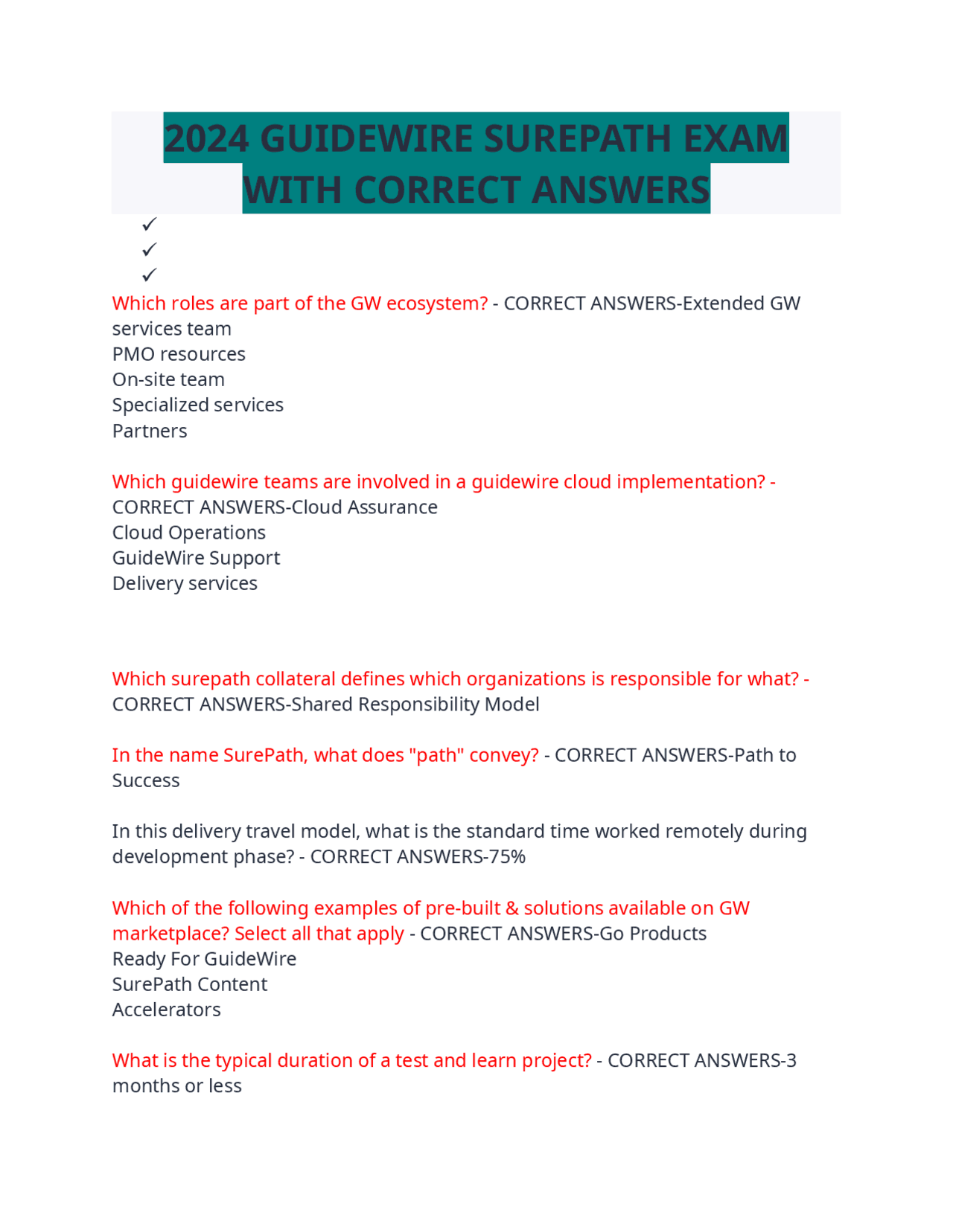 2024 GUIDEWIRE SUREPATH EXAM WITH CORRECT ANSWERS | Exams Nursing | Docsity